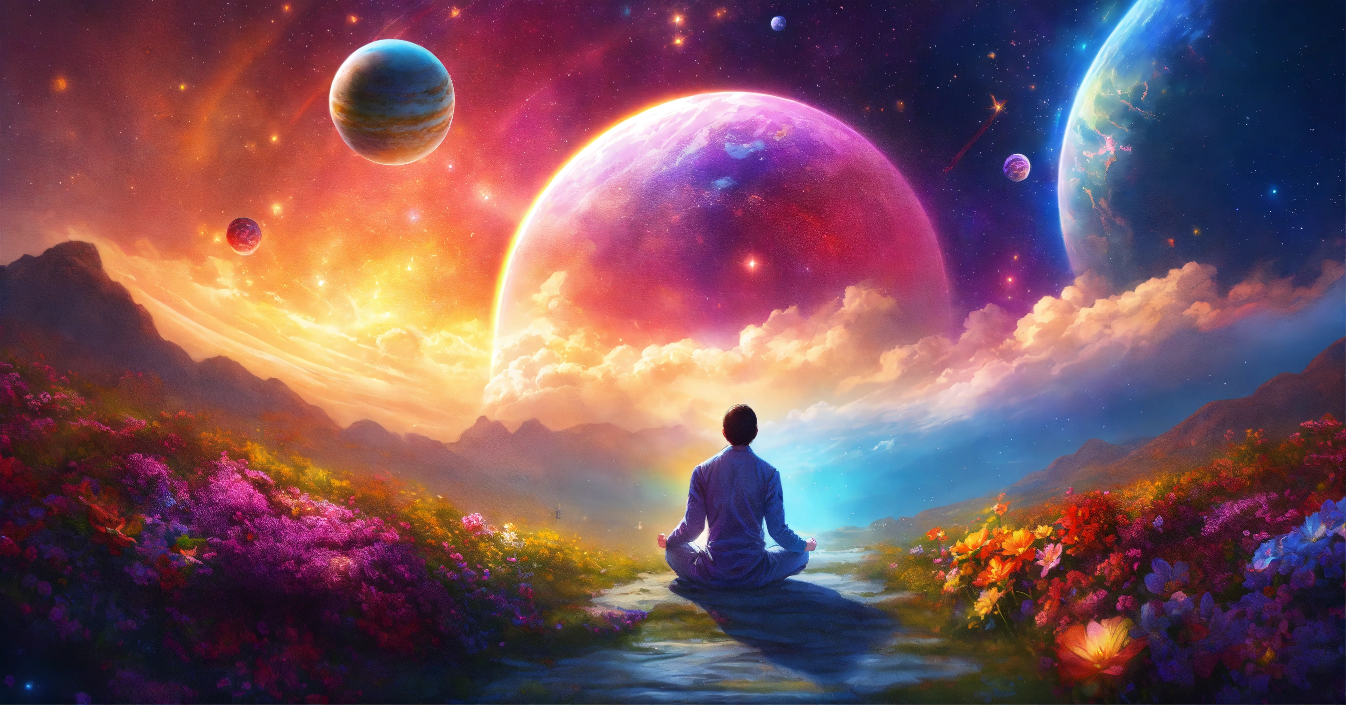 Lexica - Digital painting praying in space with a flower, stars and ...