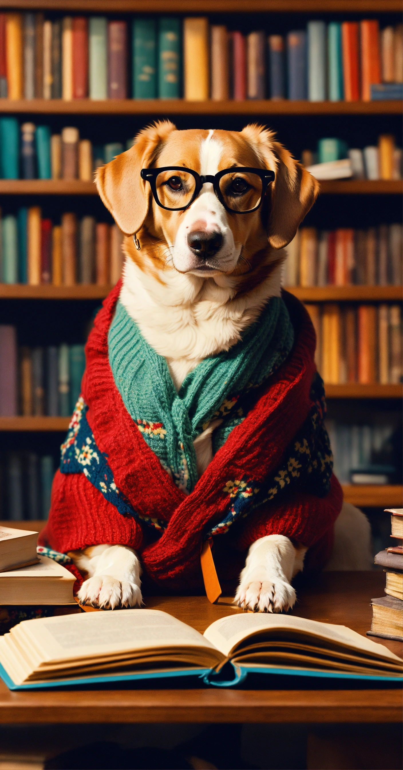 Lexica - Design a picture of a dog as a cozy librarian, with reading ...