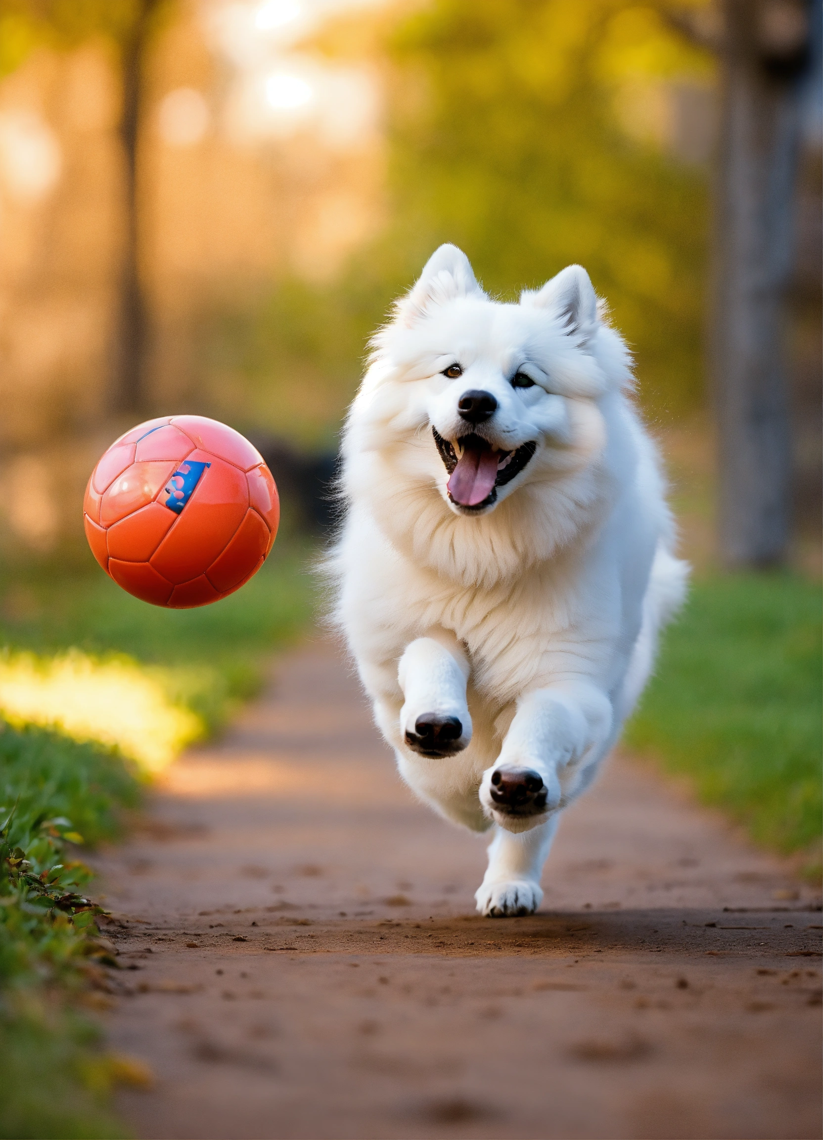 Lexica - Samoyed chasing the ball, inspired by Disney, Pixar, Dreamworks.