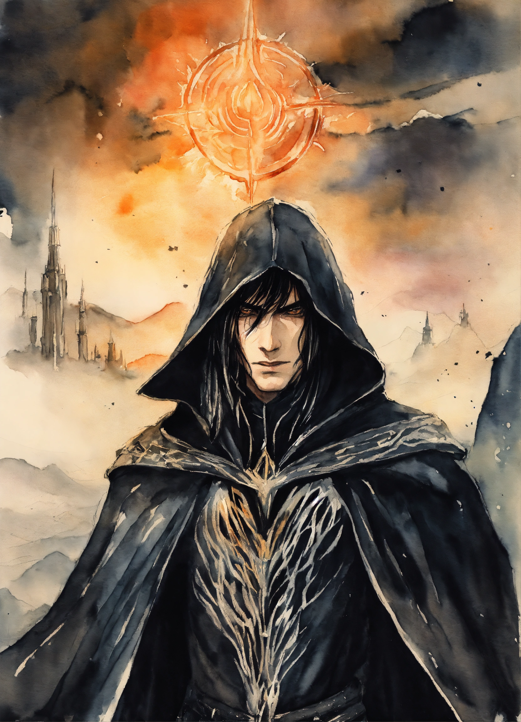 Lexica - Sauron human face from LOTR with black cloak in vagabond manga ...