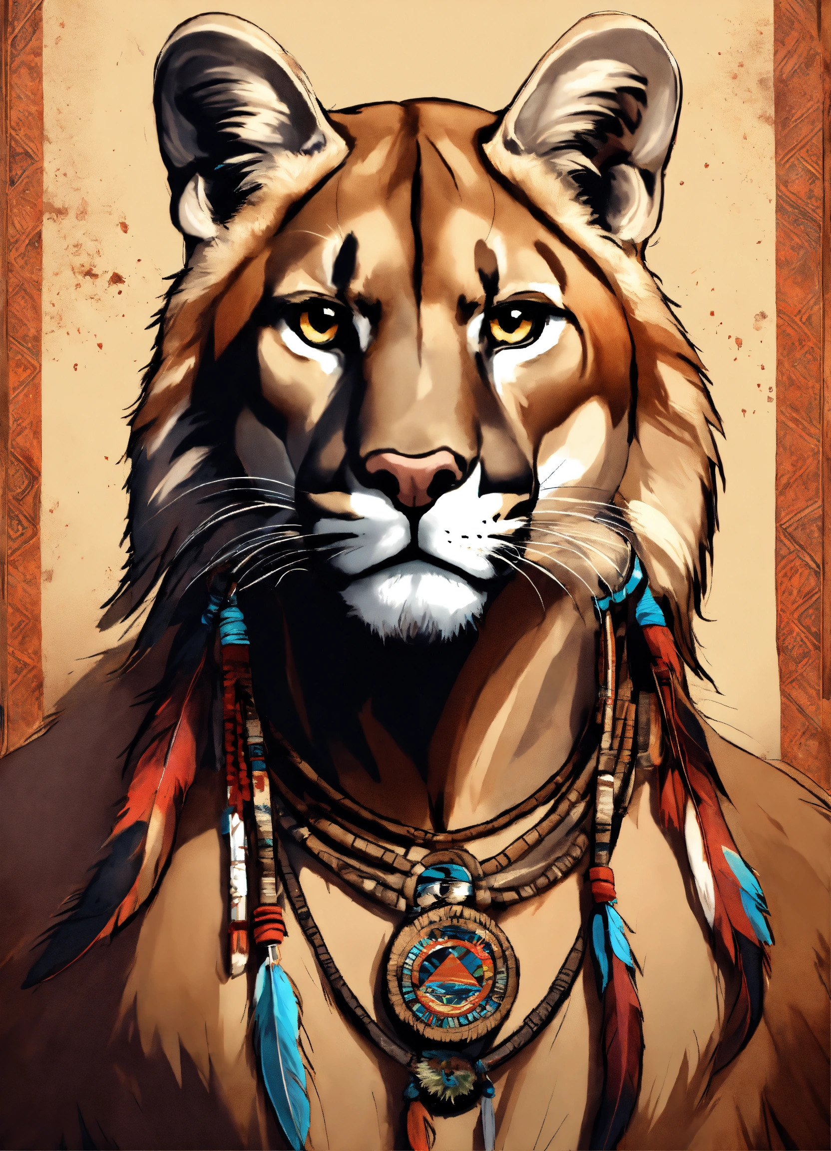 Lexica - A male mountain lion in native american style realistic