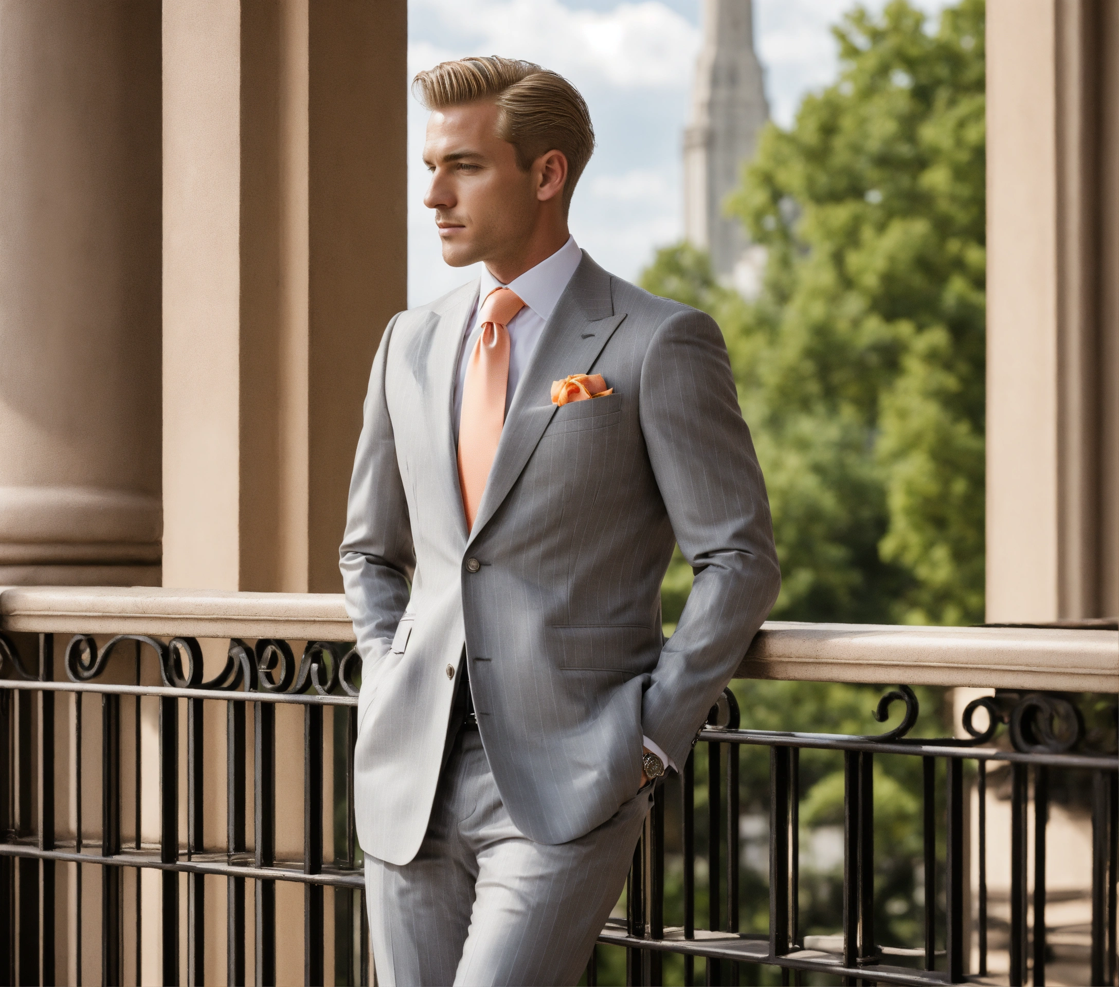 Lexica - A blonde male banker, light grey pinstripe vested suit, peach ...