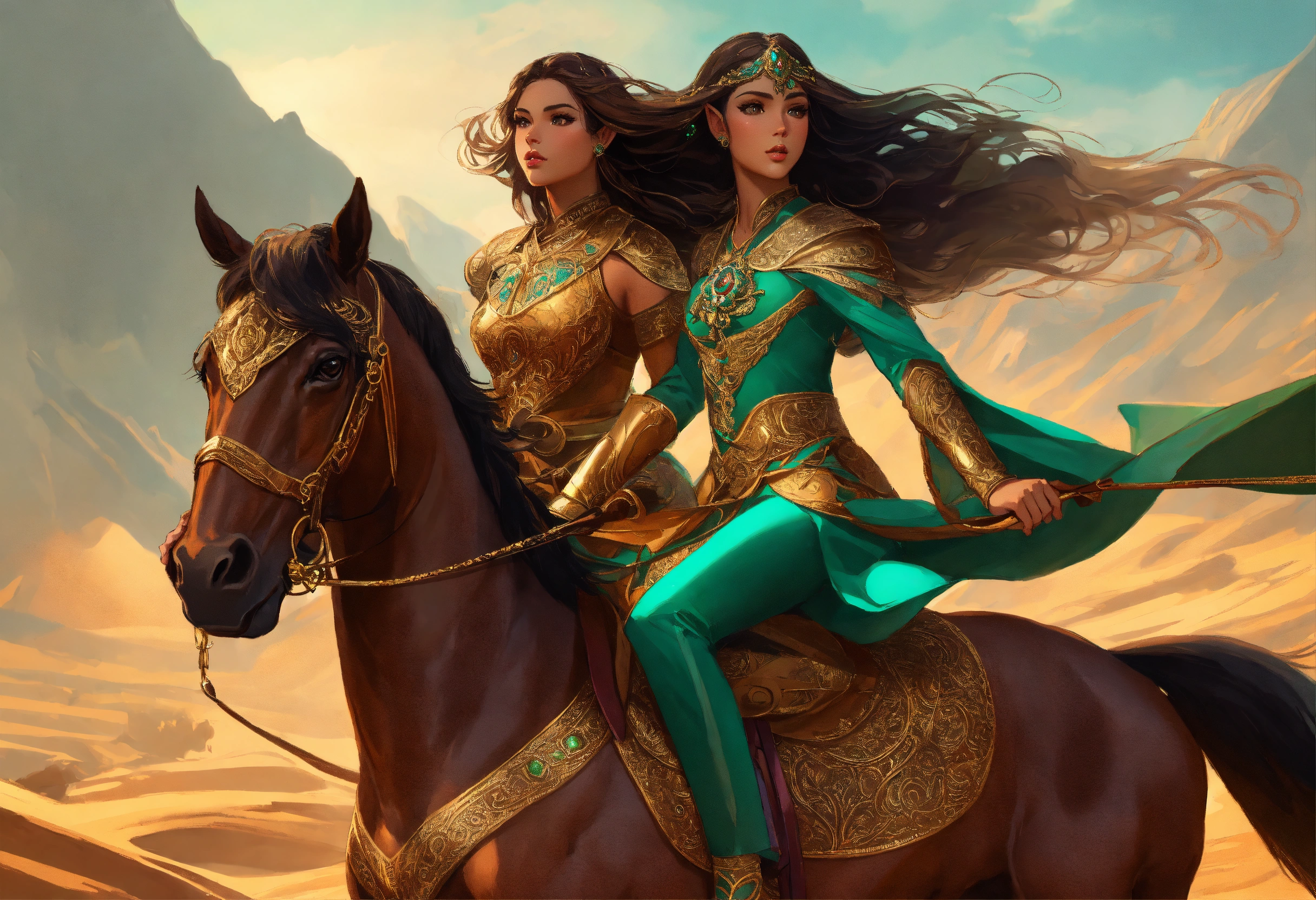 Lexica - Gorgeous Persian elf female warrior riding large brown horse ...