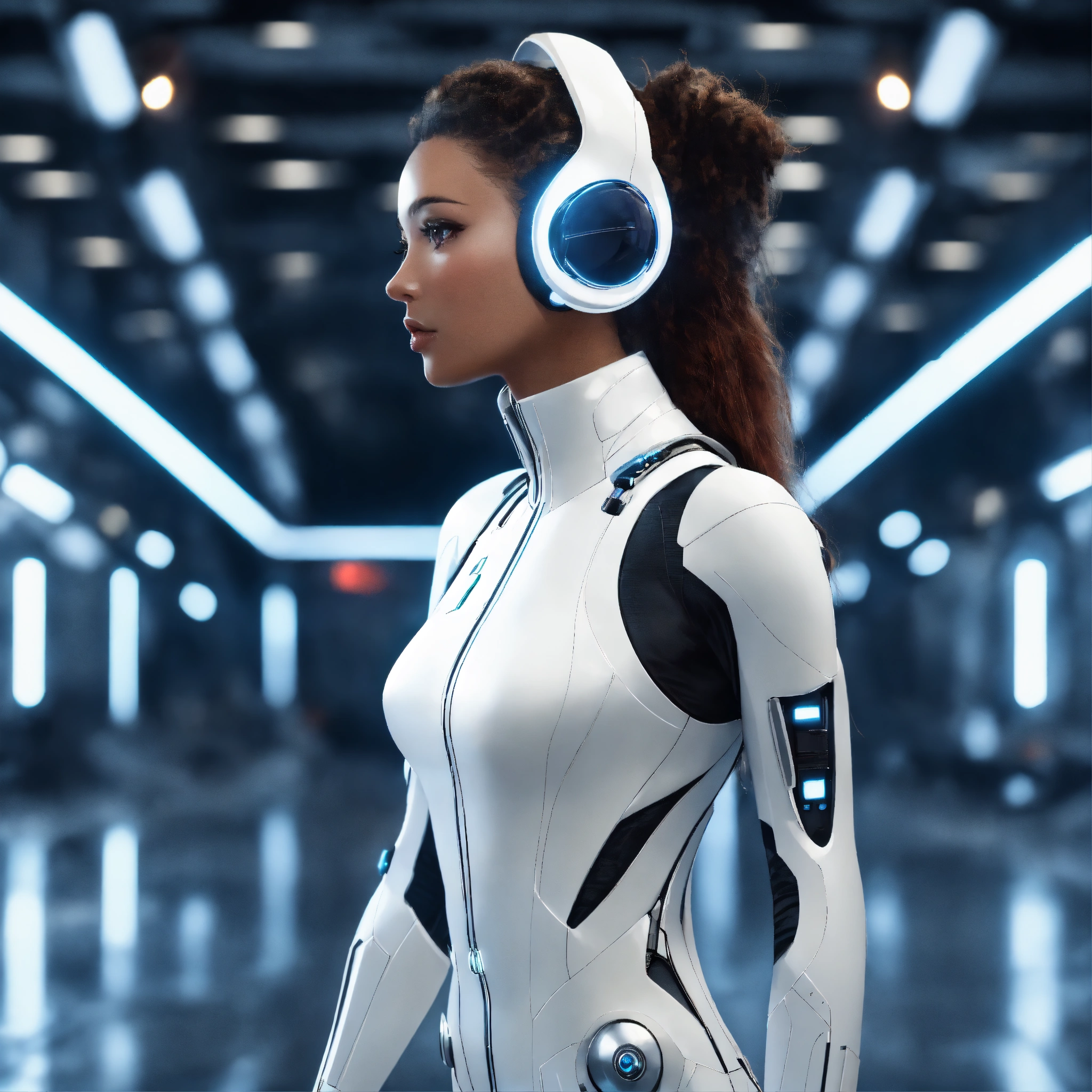 Lexica - Wide shot of a female super spy wearing a tight futuristic spy ...