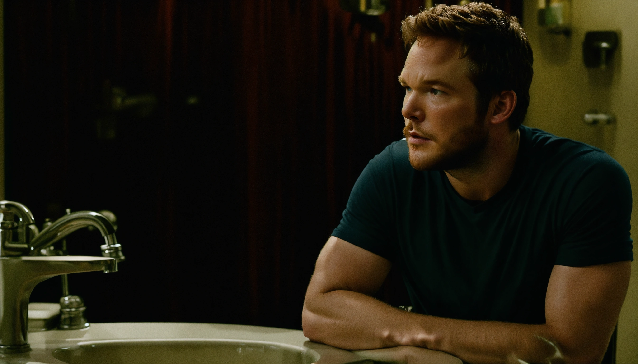 Lexica - Young Chris Pratt stands dejectedly at a stylish public sink with his elbows leaning on ...