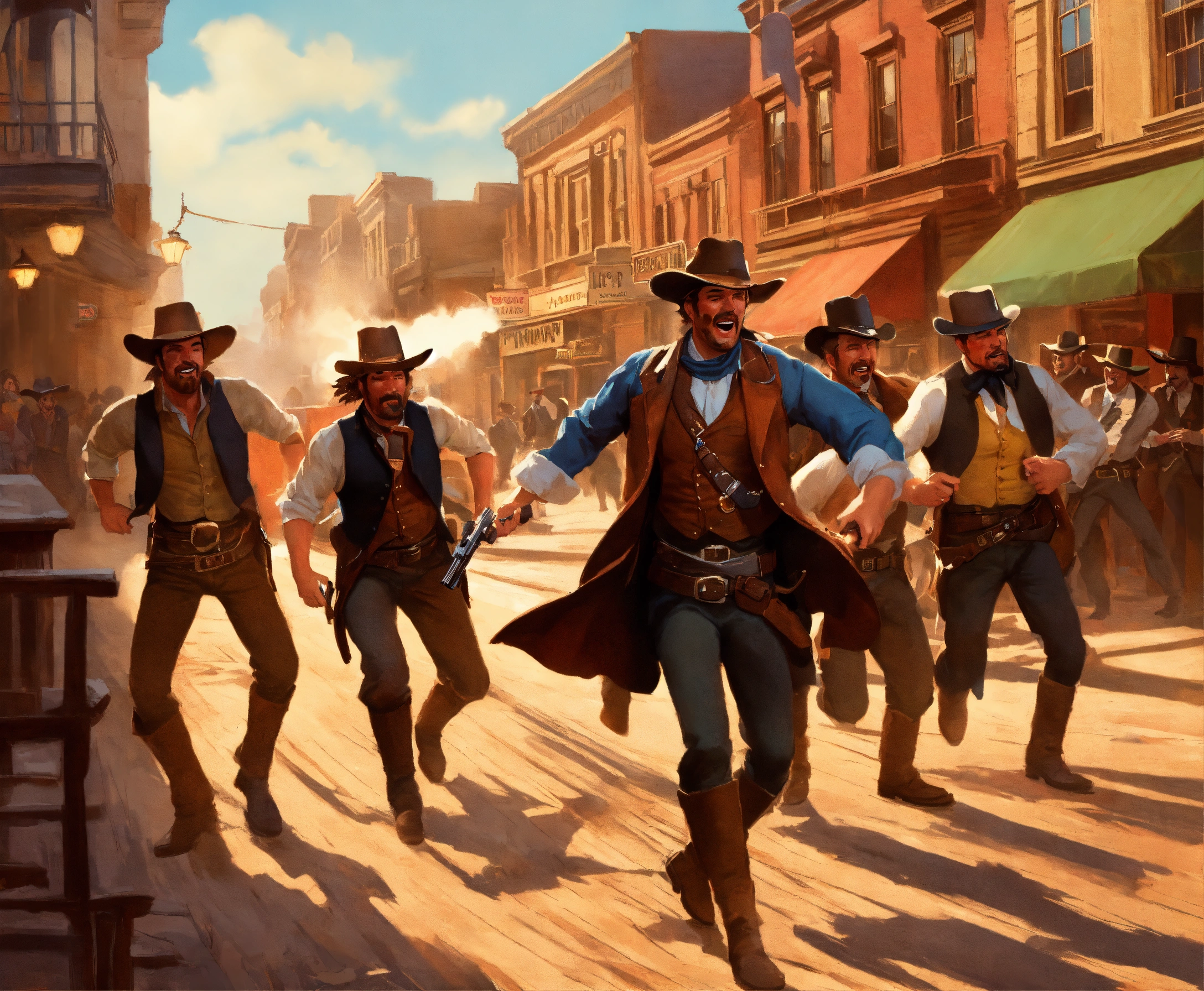 Lexica - A comical gang of goofy looking drunk cowboys happily fire ...