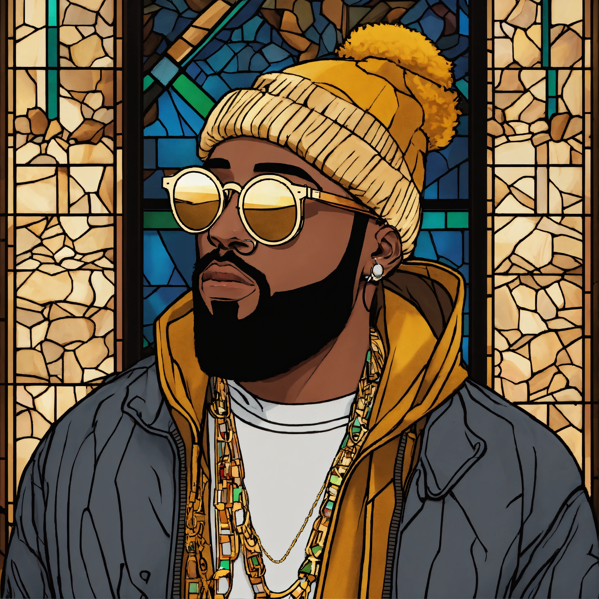 Lexica - HD, 4K, Background is a stained glass with images in the ...