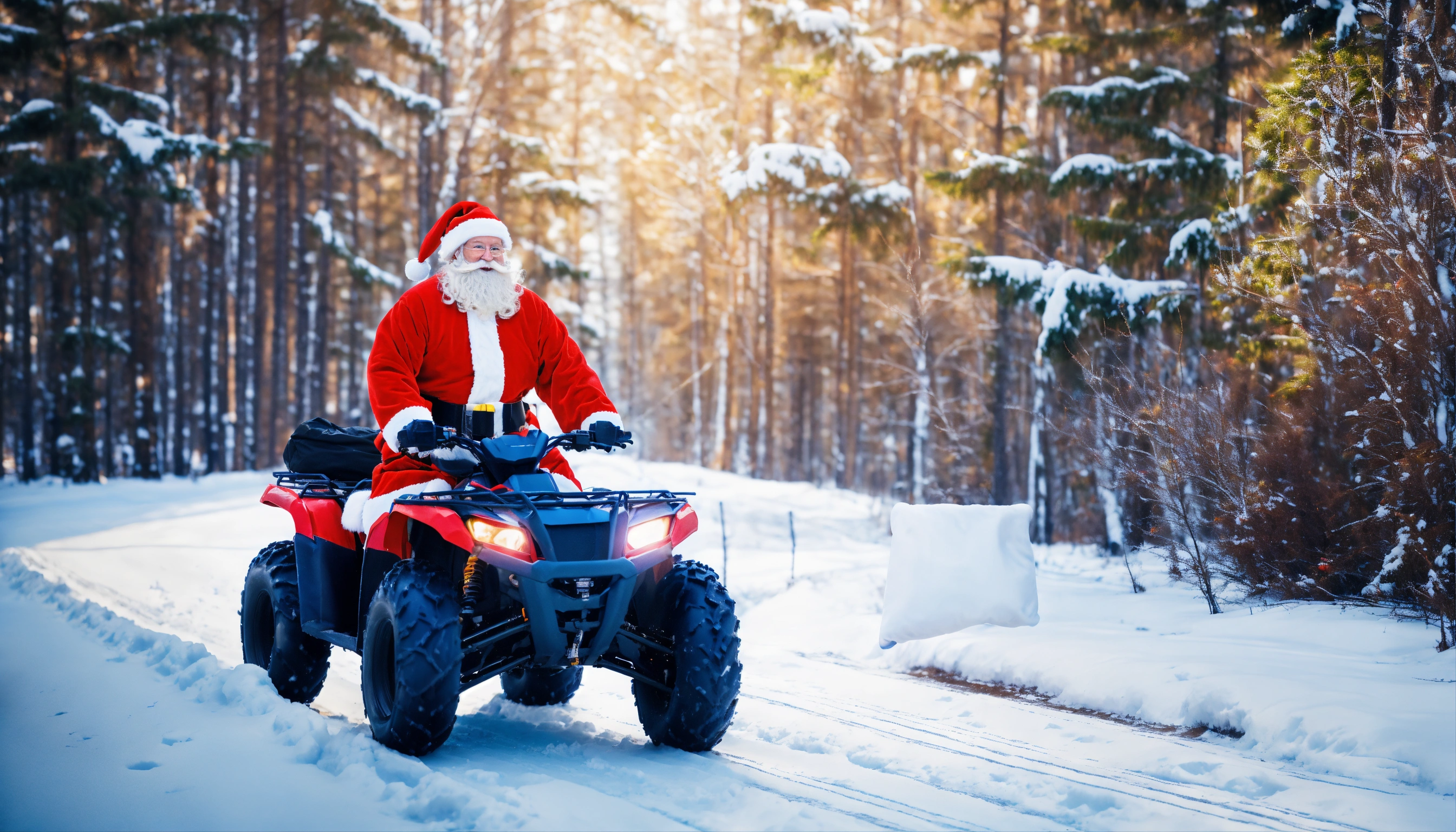 Lexica - Santa Claus with big sack bag rides along a snowy road on an ...