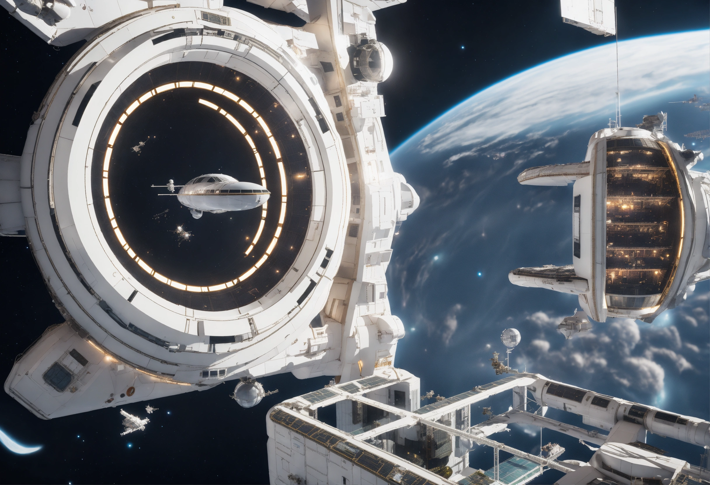 Lexica - Zoom out on a huge modern style white commercial space station ...