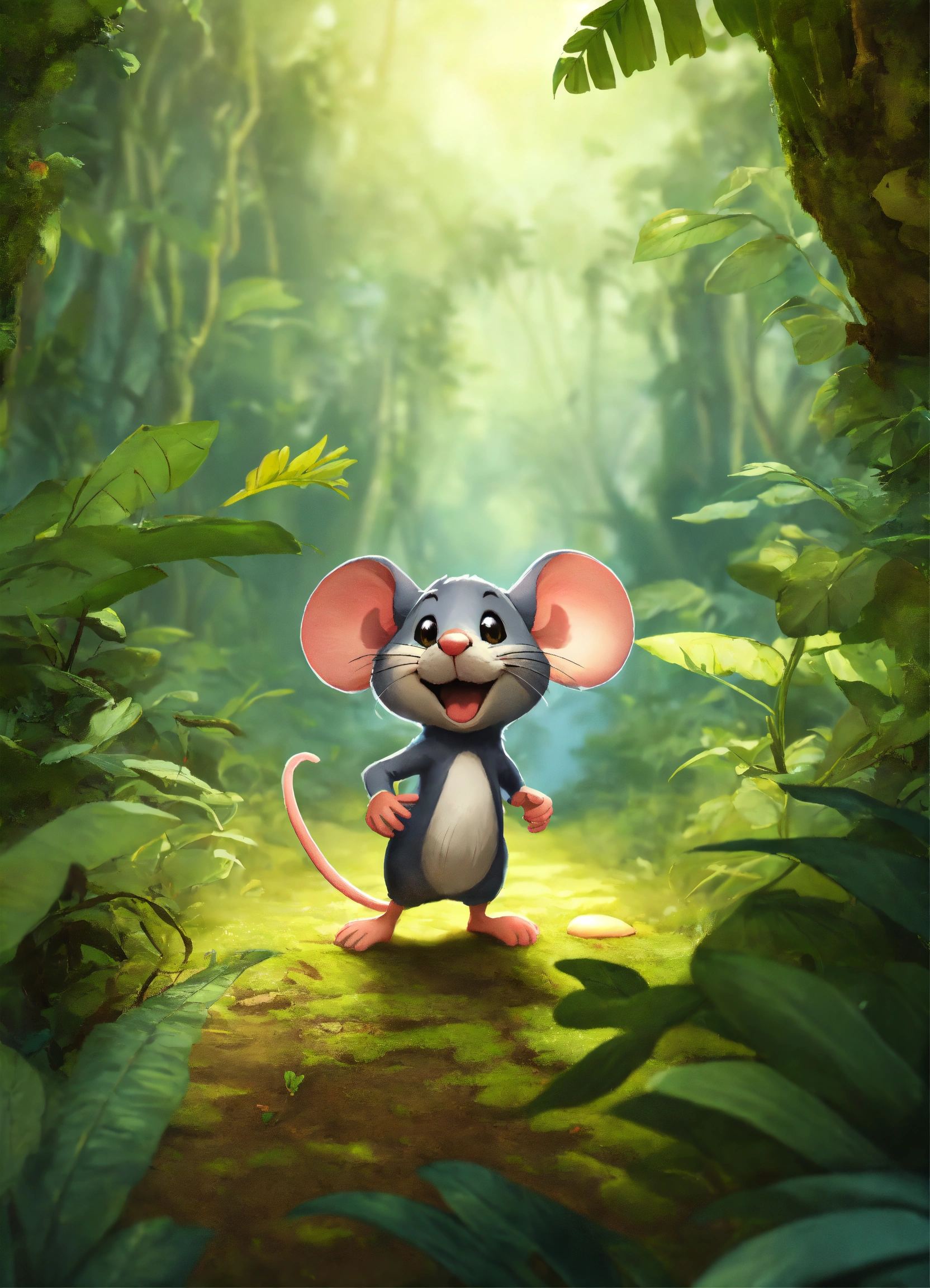 Lexica - Cartoon mouse walking in dense jungle