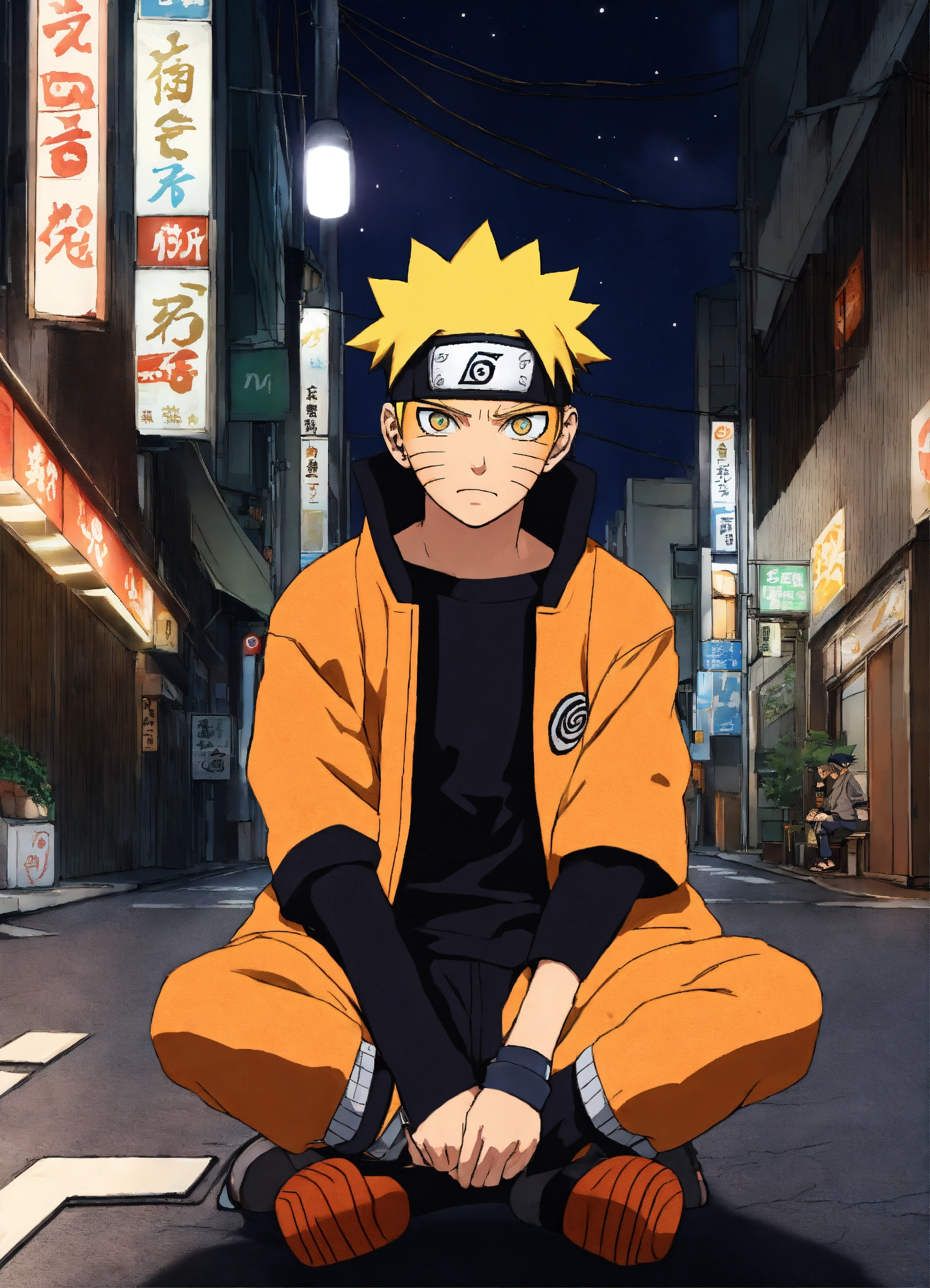 Lexica - Naruto Uzumaki sitting on the street under the spotlights in ...