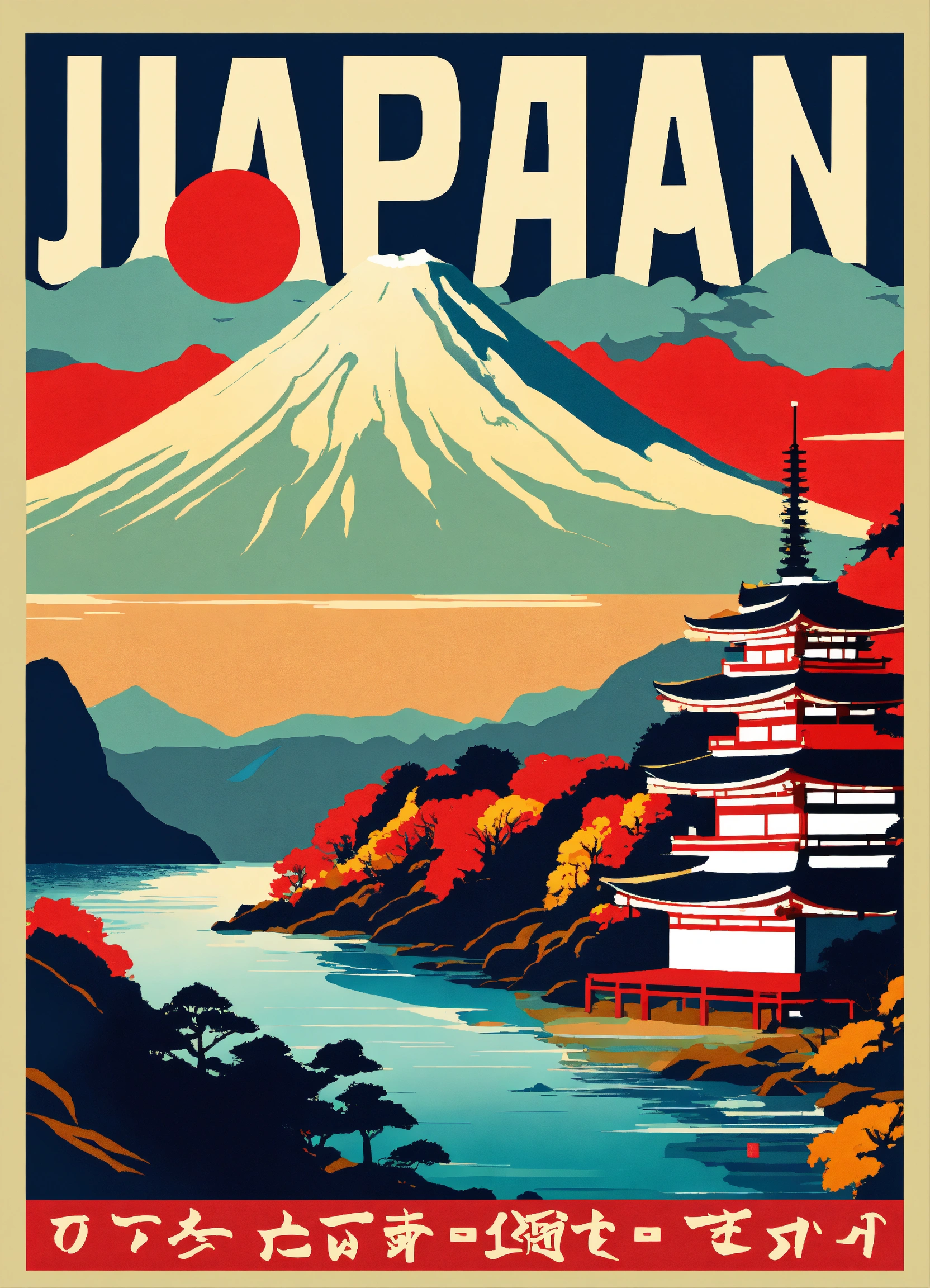 Lexica - Japan, travel poster, WPA style vintage screenprint, vector art