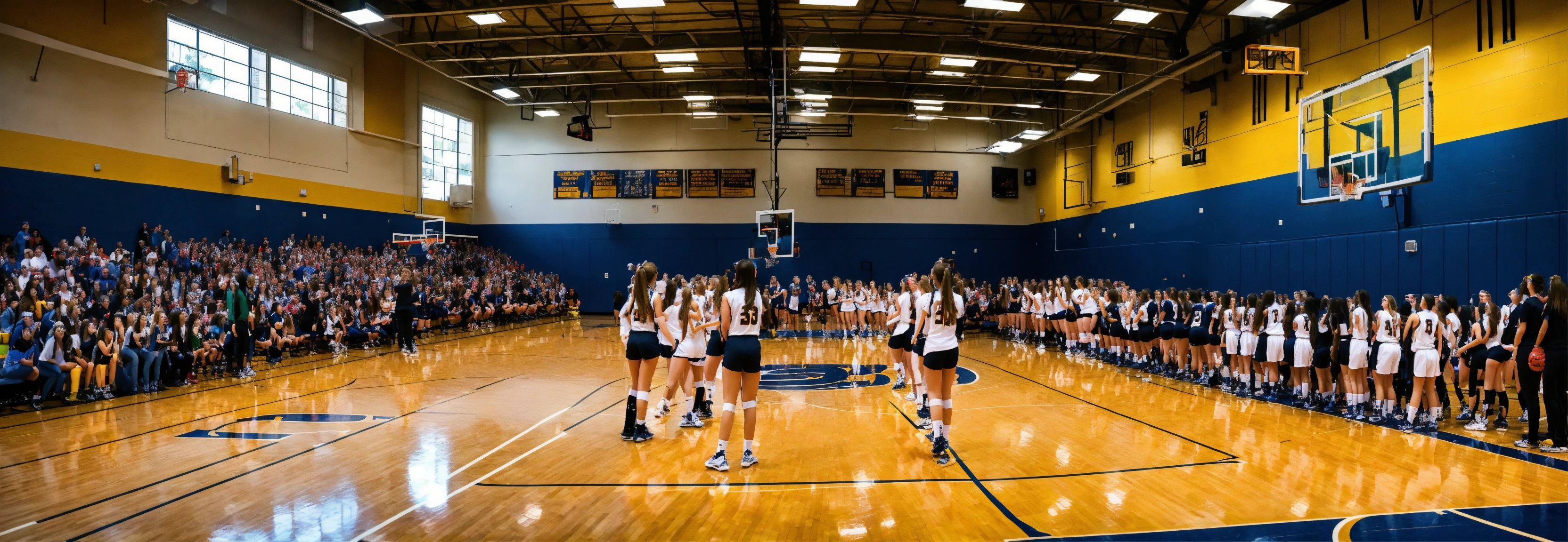 Lexica - A high school gym filled with an all-female crowd. It is a pep ...