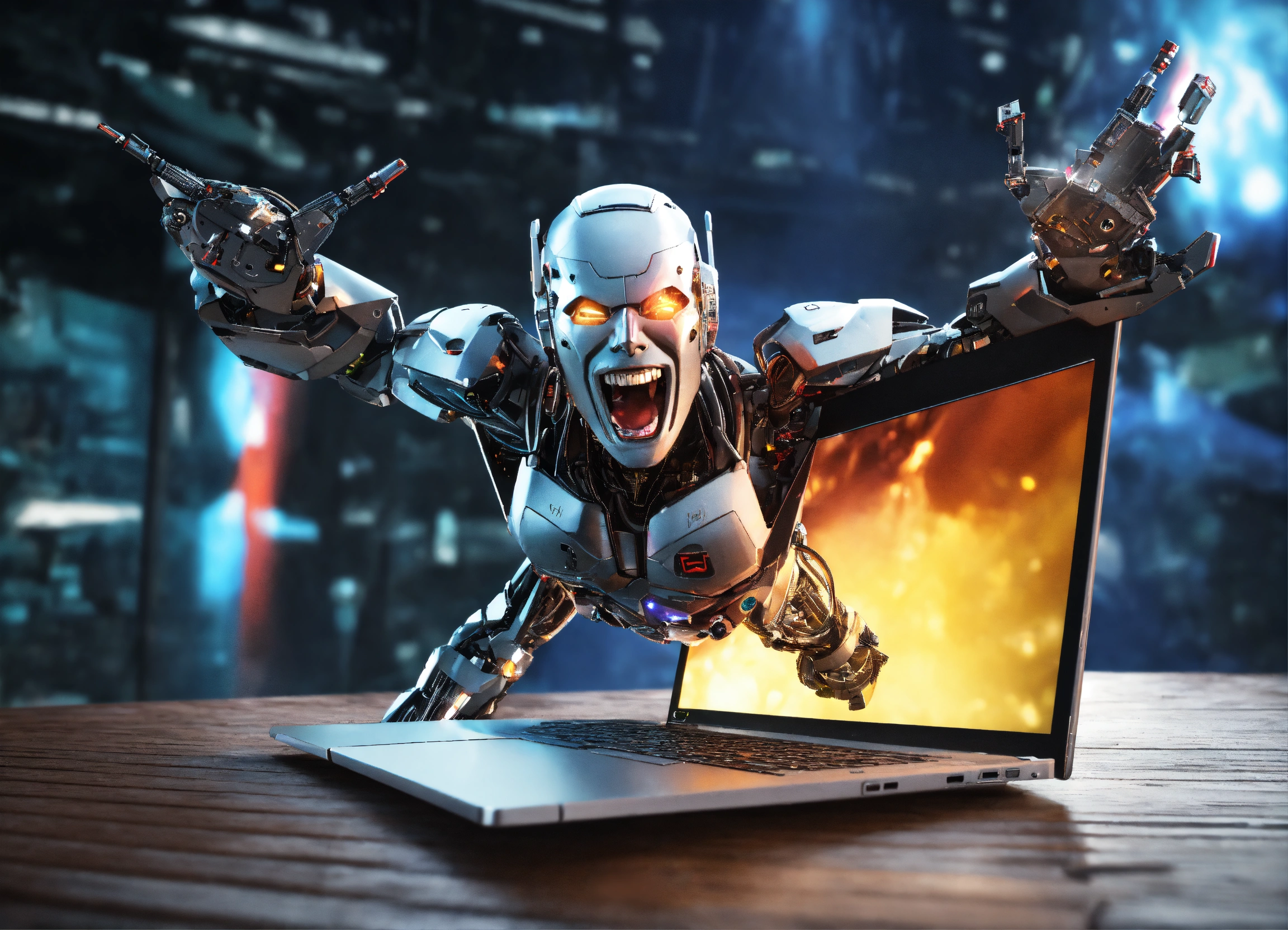 Lexica - Cyborg, 3d, come out of laptop screen, happy, screaming