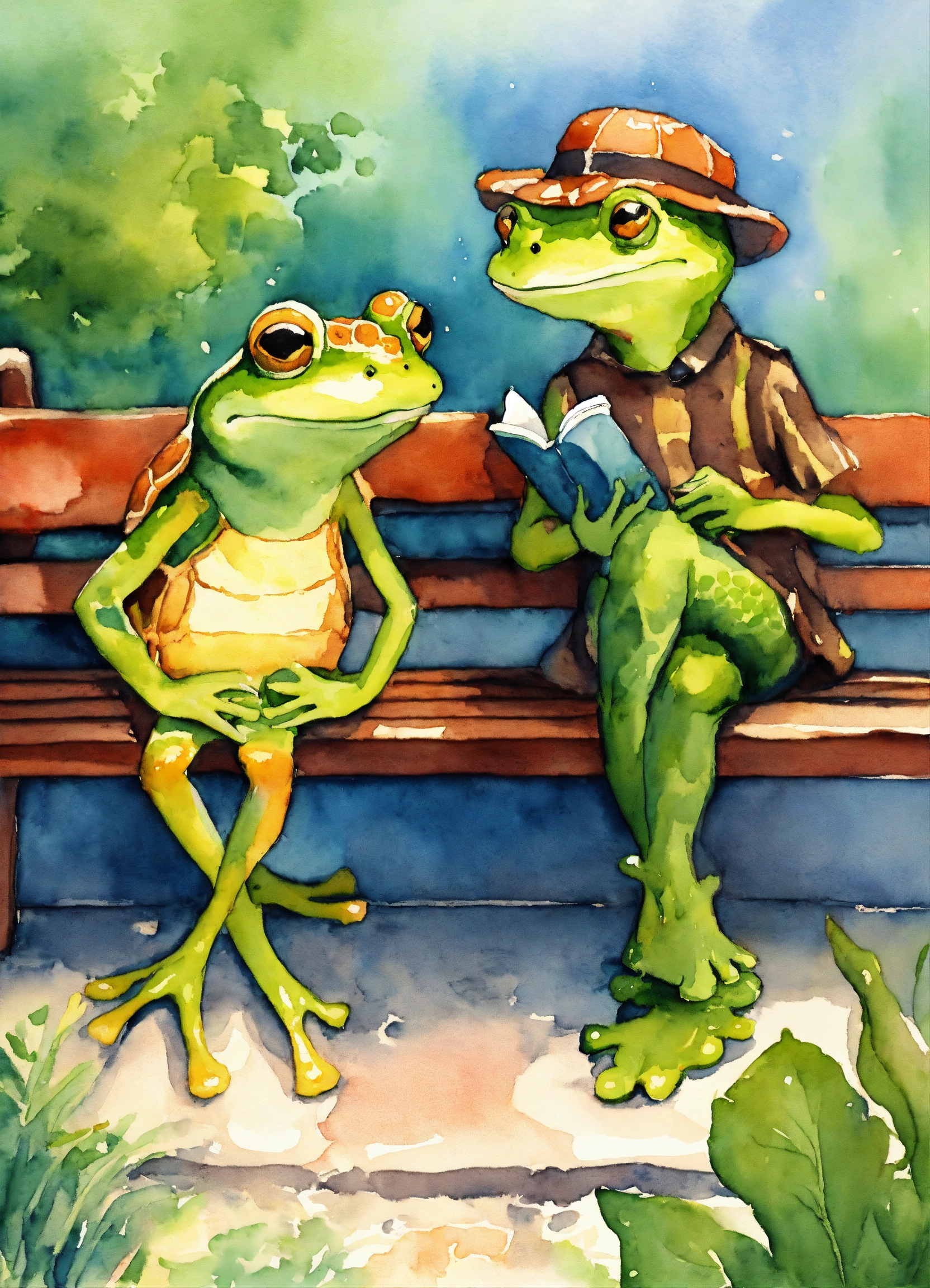 Lexica - Frog and turtle sitting on a bench talking Watercolor ...