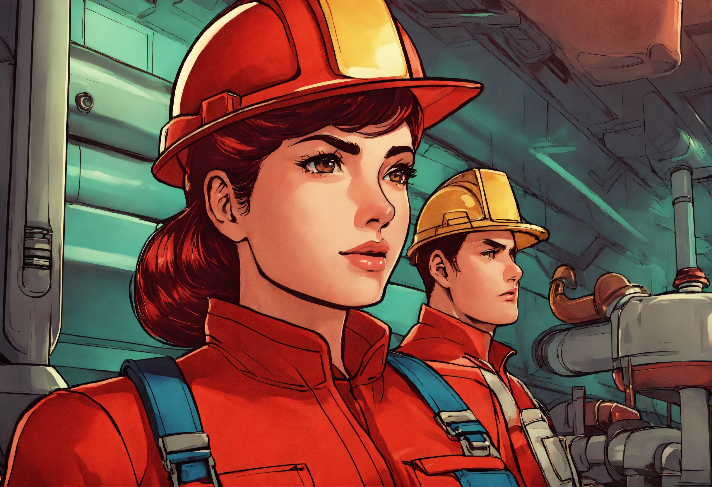 Lexica - Close up of two heroic plumber in a red outfit and red hard ...