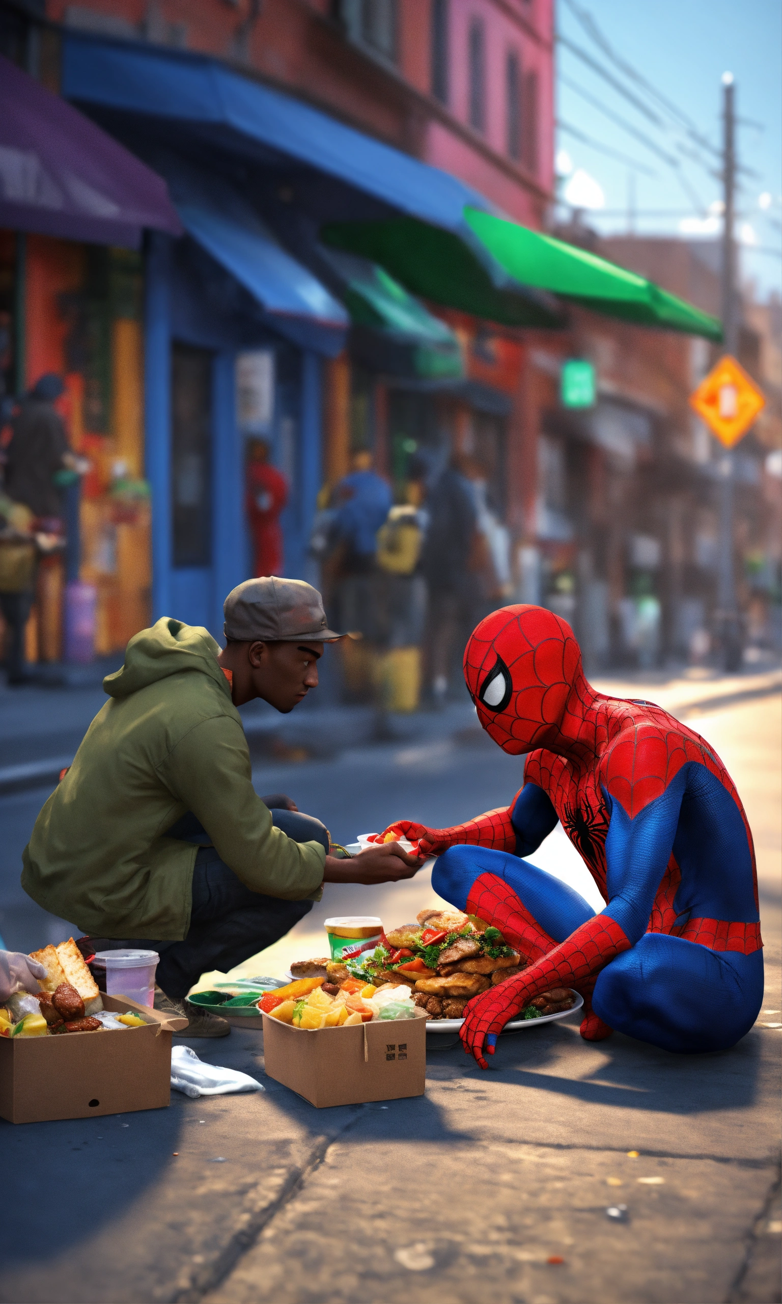 Lexica - Spiderman feeding homeless people, colorful background, 3D ...