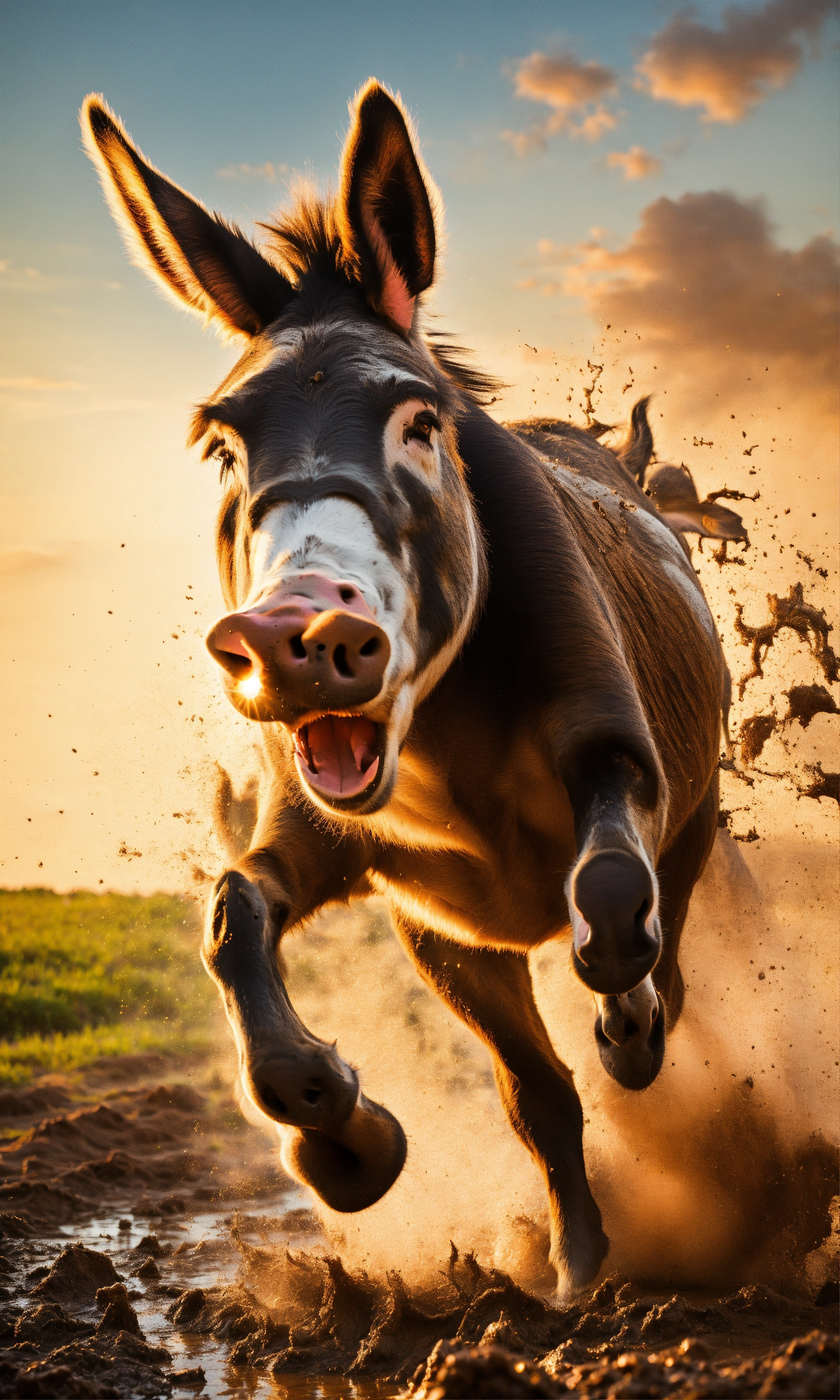 Lexica - A donkey screaming and jumping falling into stinky mud. Sunset ...