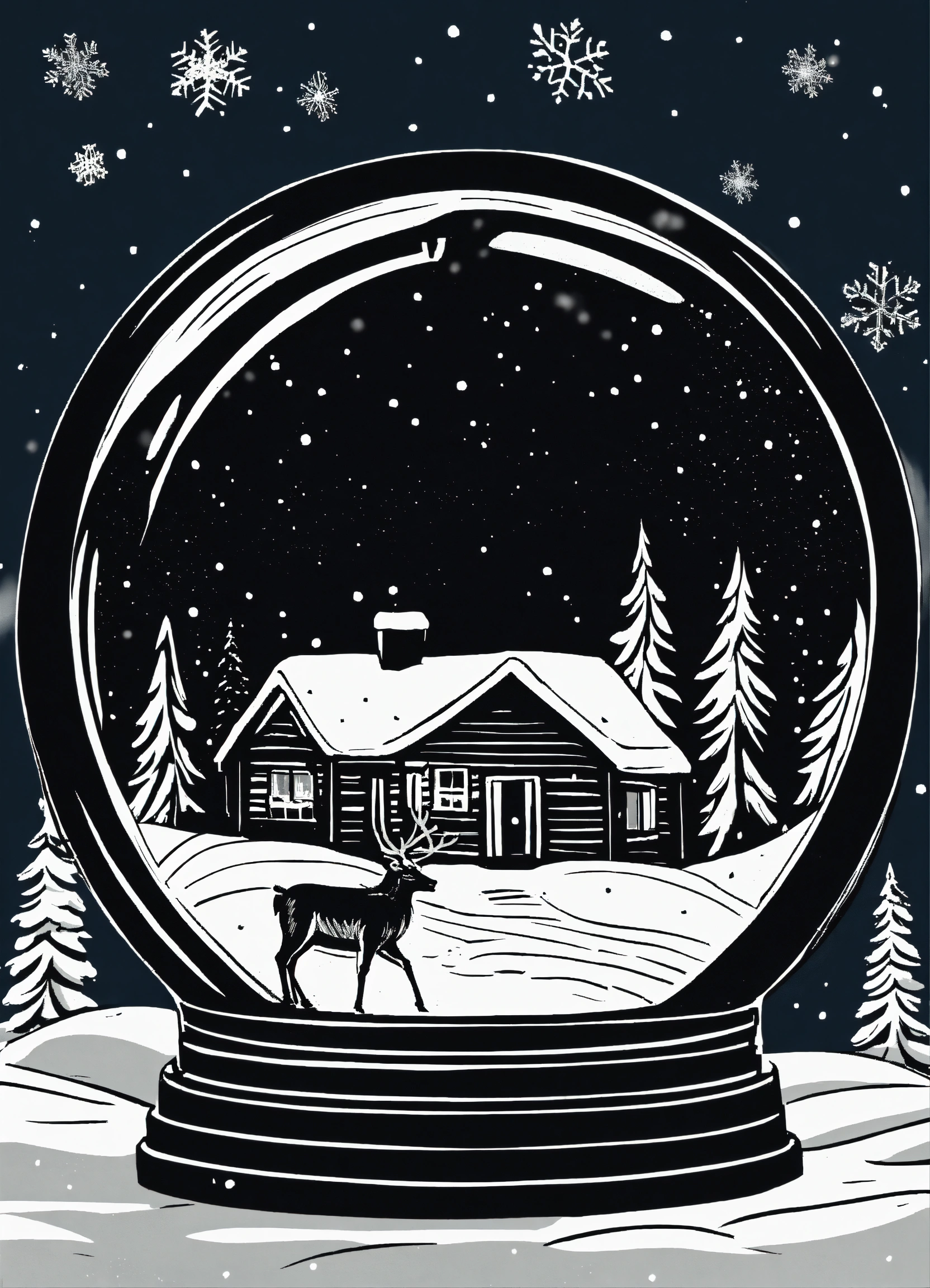 Lexica - Simple black and white linocut of a snow globe. In the snow globe, there's a christmas ...