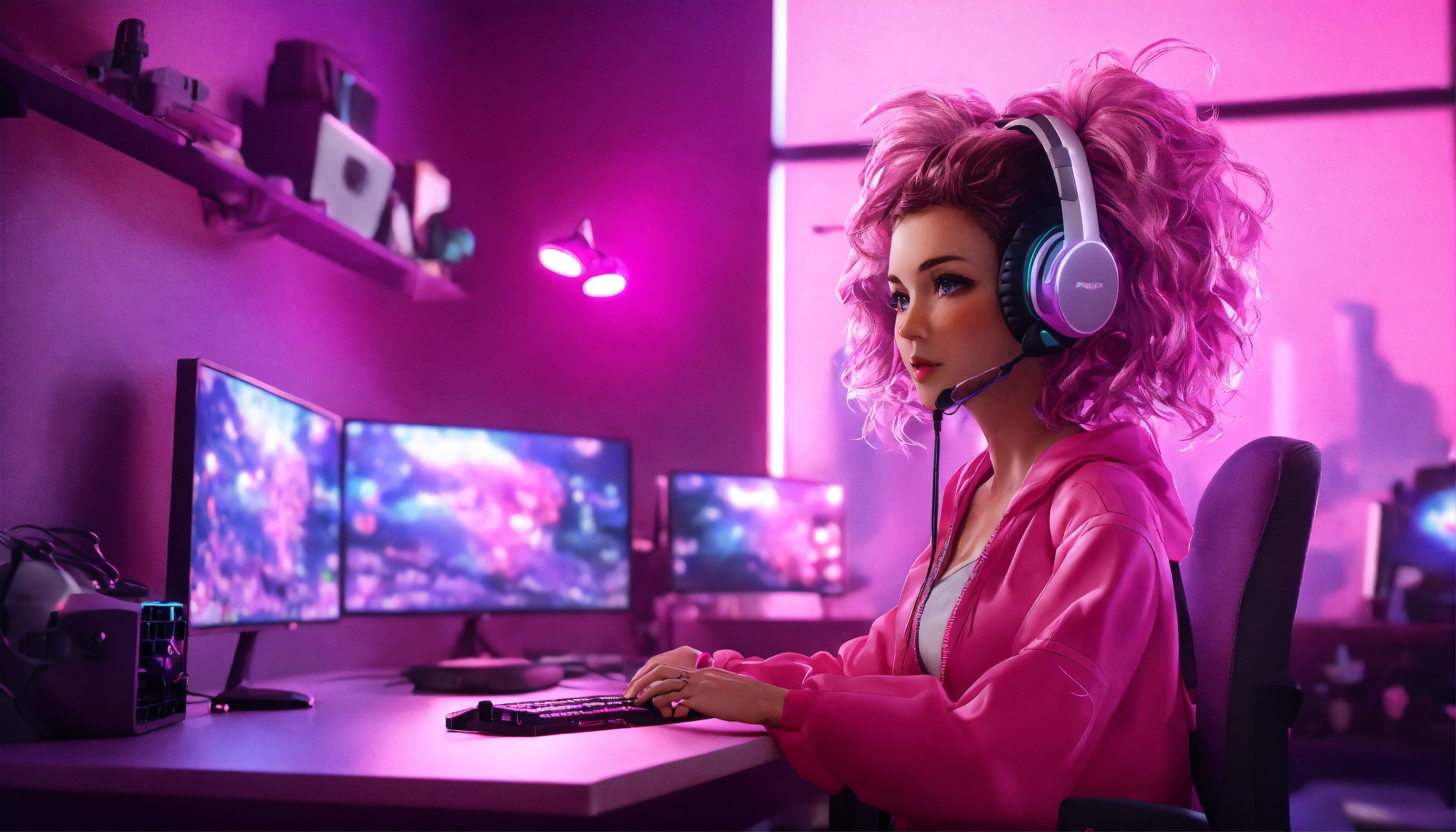 Lexica - Cute air-haired woman, streamer, gamer, streamer’s workplace ...