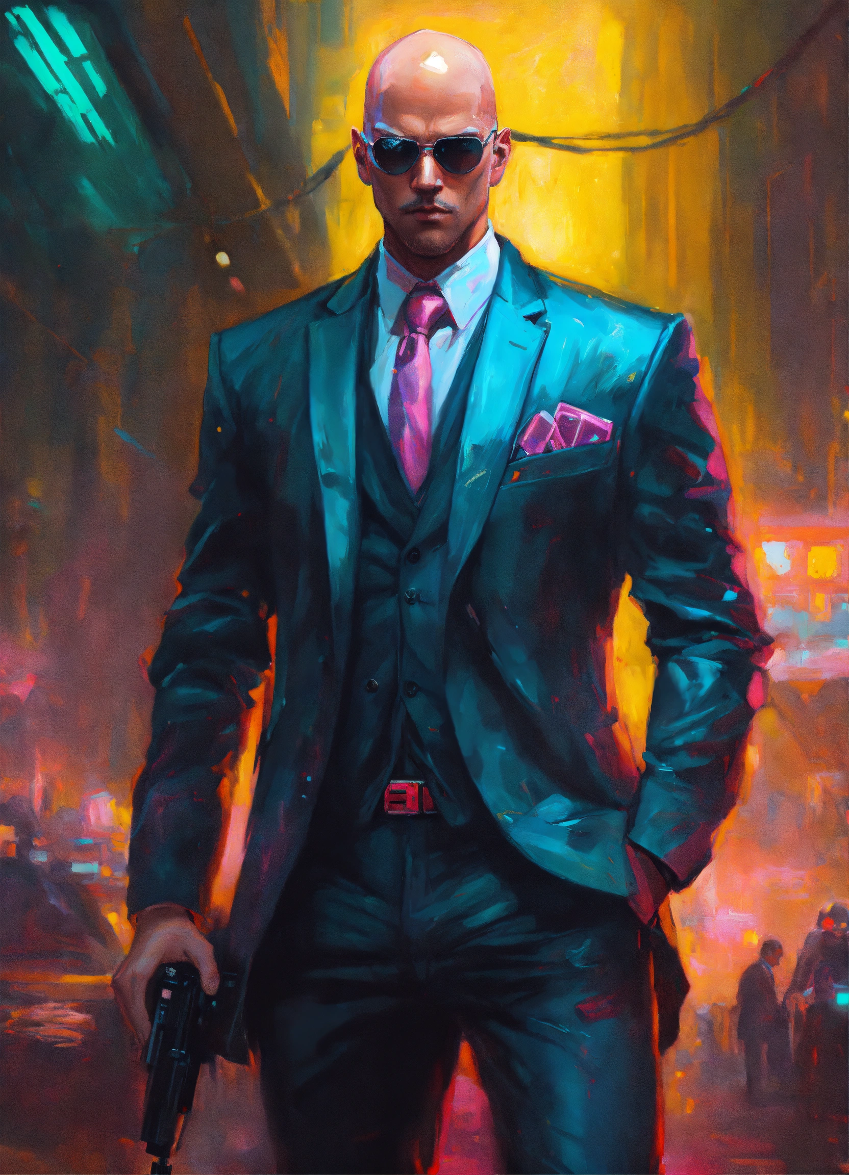 Lexica - Strong bald cyberpunk bounder in a suit, at a rave gritty oil ...