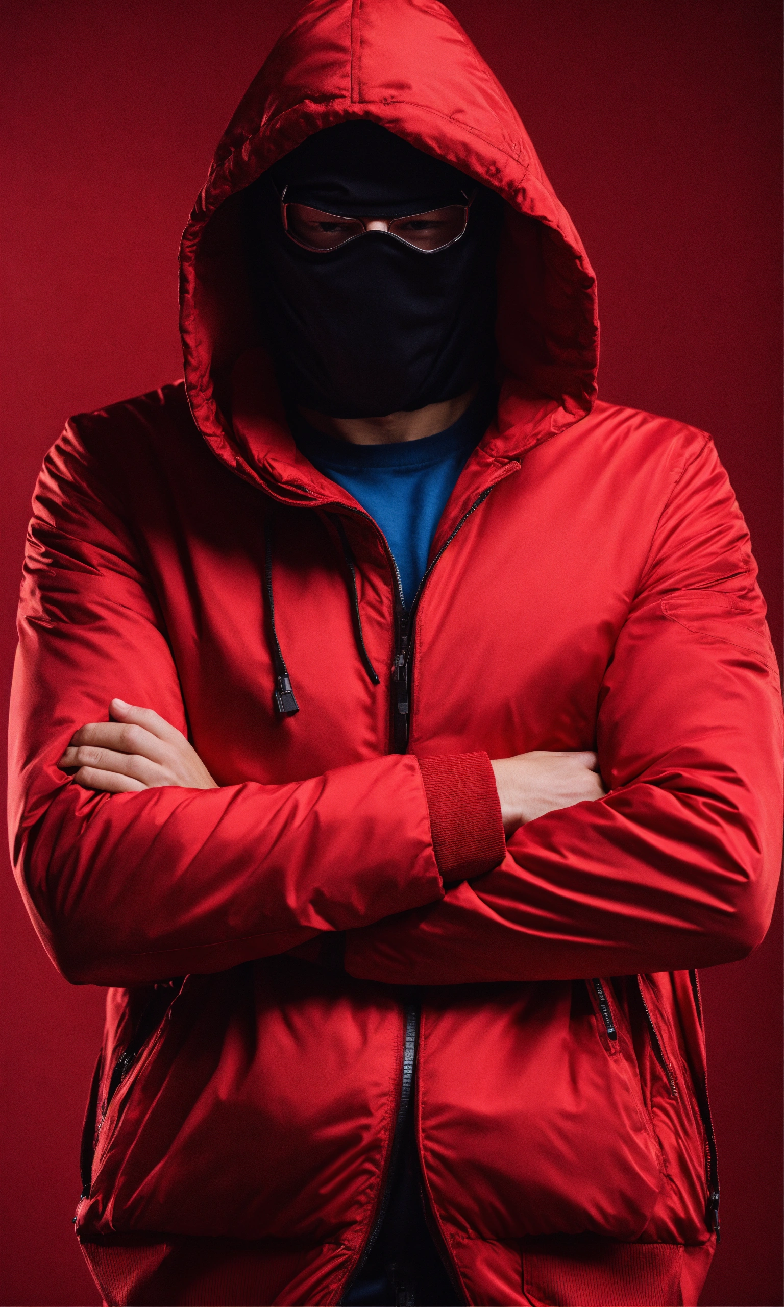 Lexica - Anonymous hacker in red jacket with hidden face with arms crossed