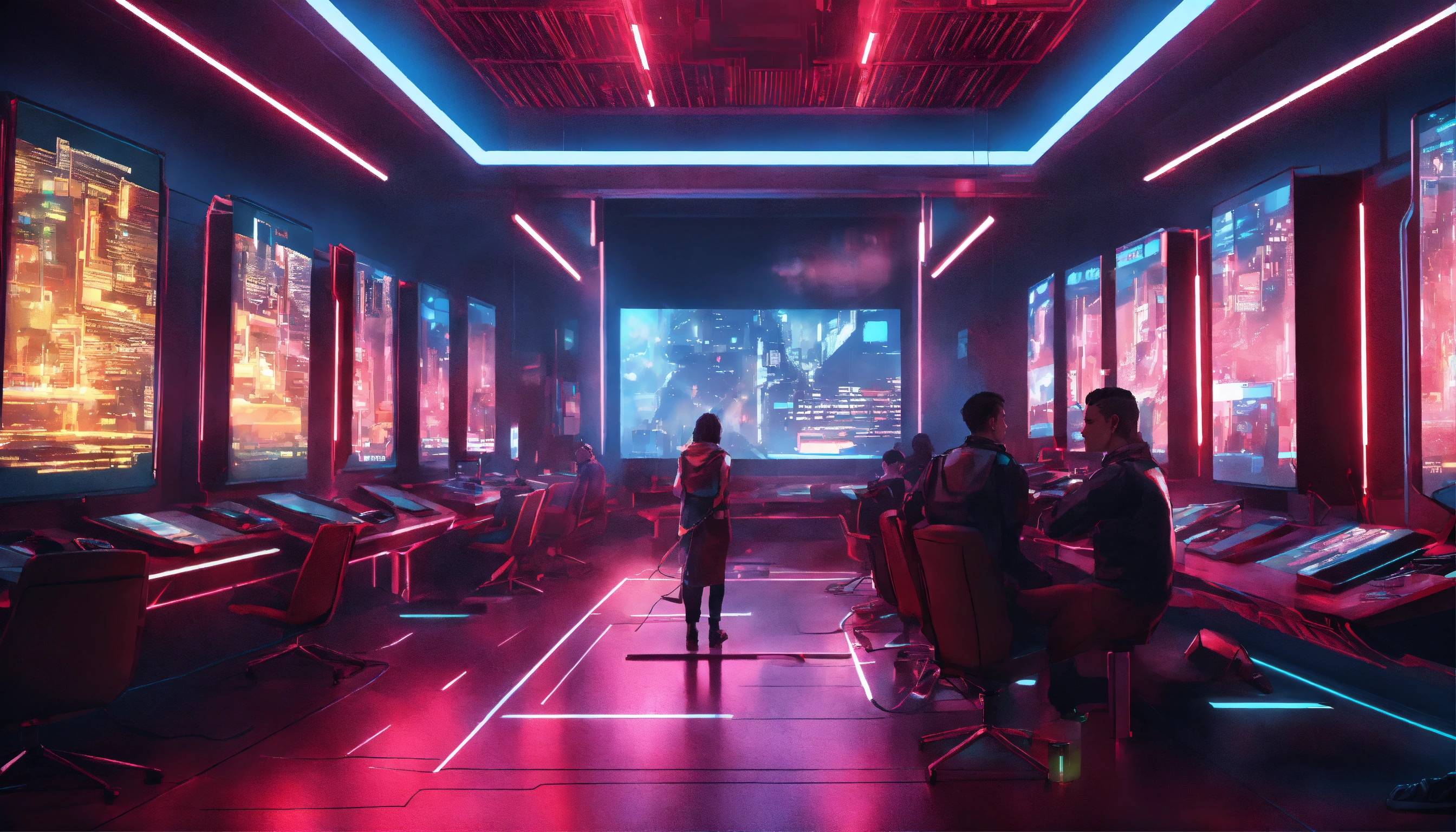 Lexica - Futuristic room full of phones, people, zoom out, cyberpunk ...
