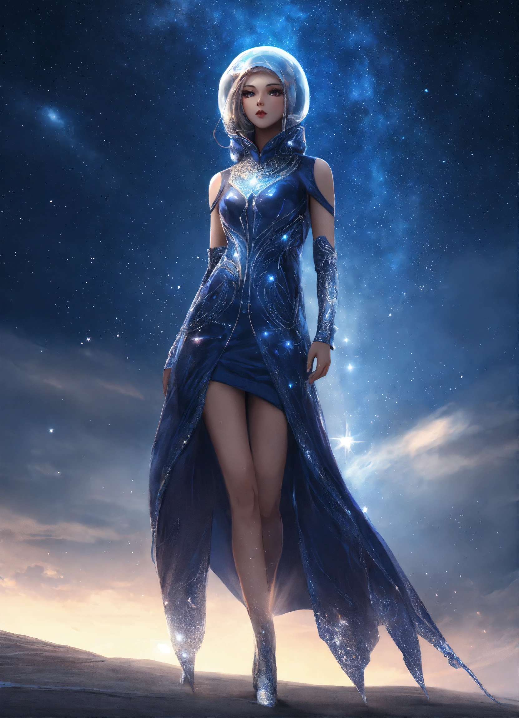 Lexica - A Alien, Alienrace female Alien_goddess beauty longdress colore navy blue shiny white ...