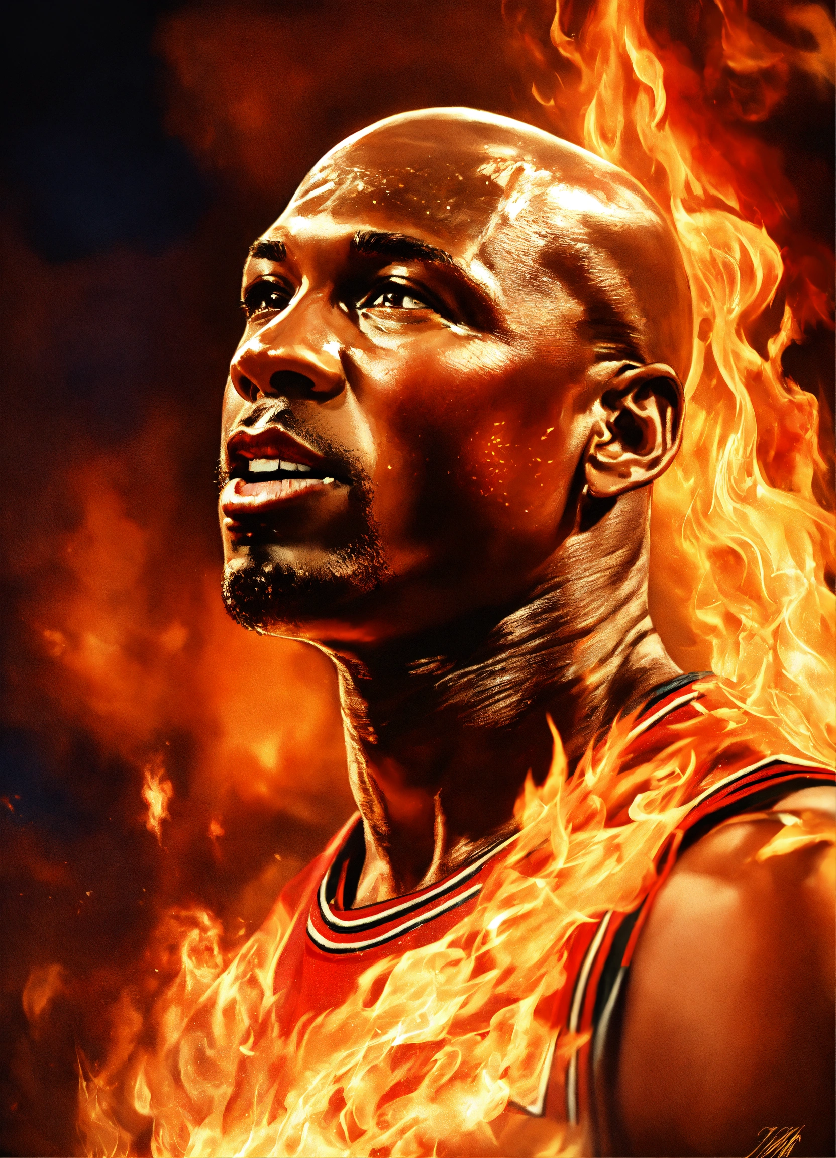 Lexica - A portrait of Michael jordan on fire