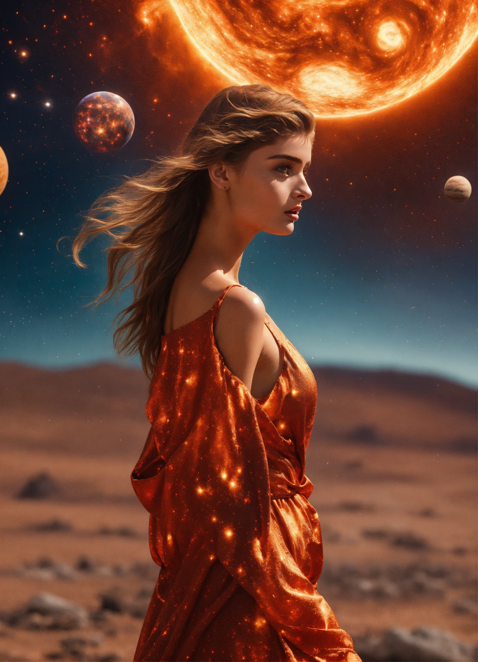 Lexica - TAYLOR HILL in a burning MINI DRESS on a desolate planet ...