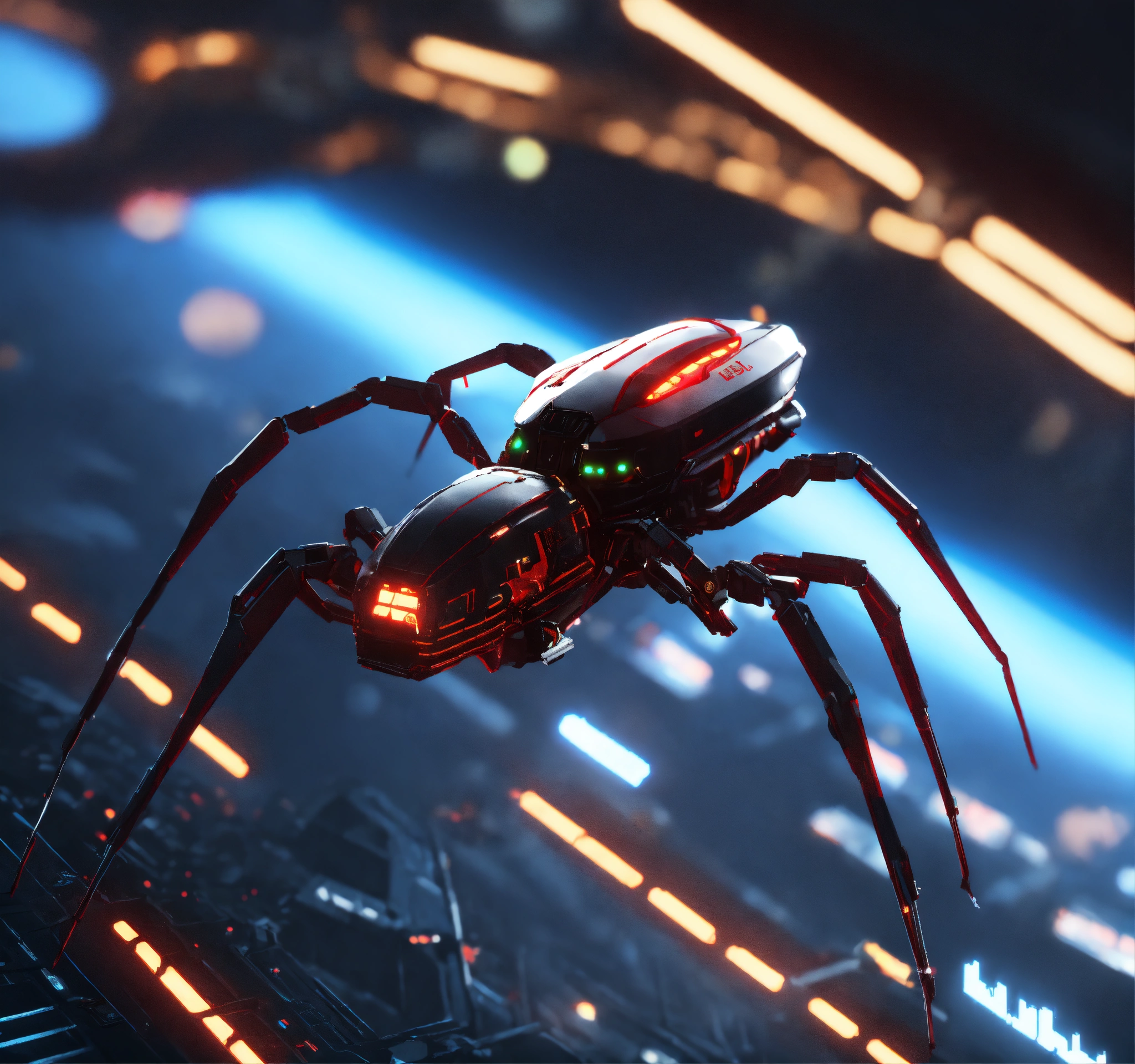 Lexica - Zoom out on a extra long black robotic black widow spider ...