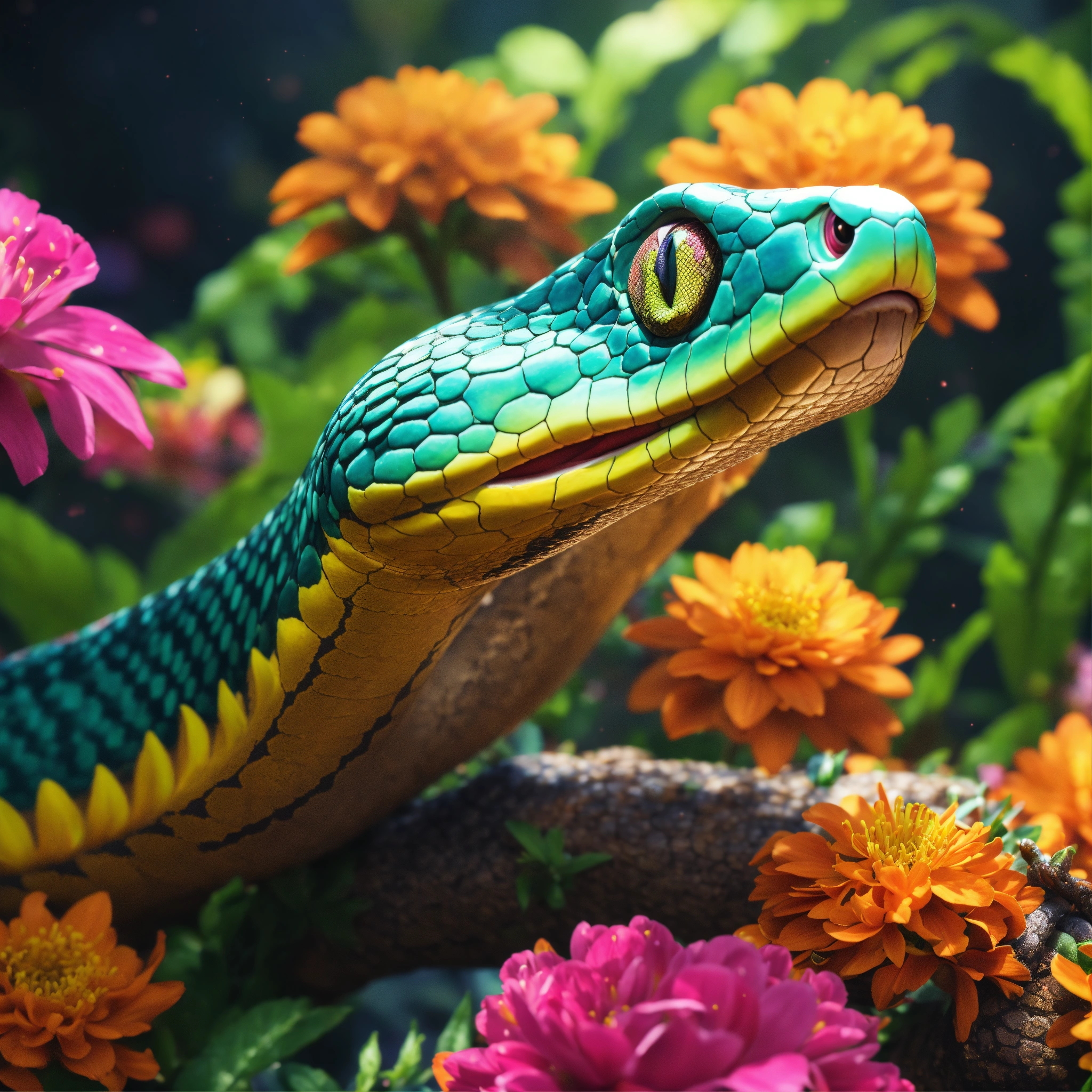 Lexica - Snake head seymour with flowers and vibrant colors, unreal ...