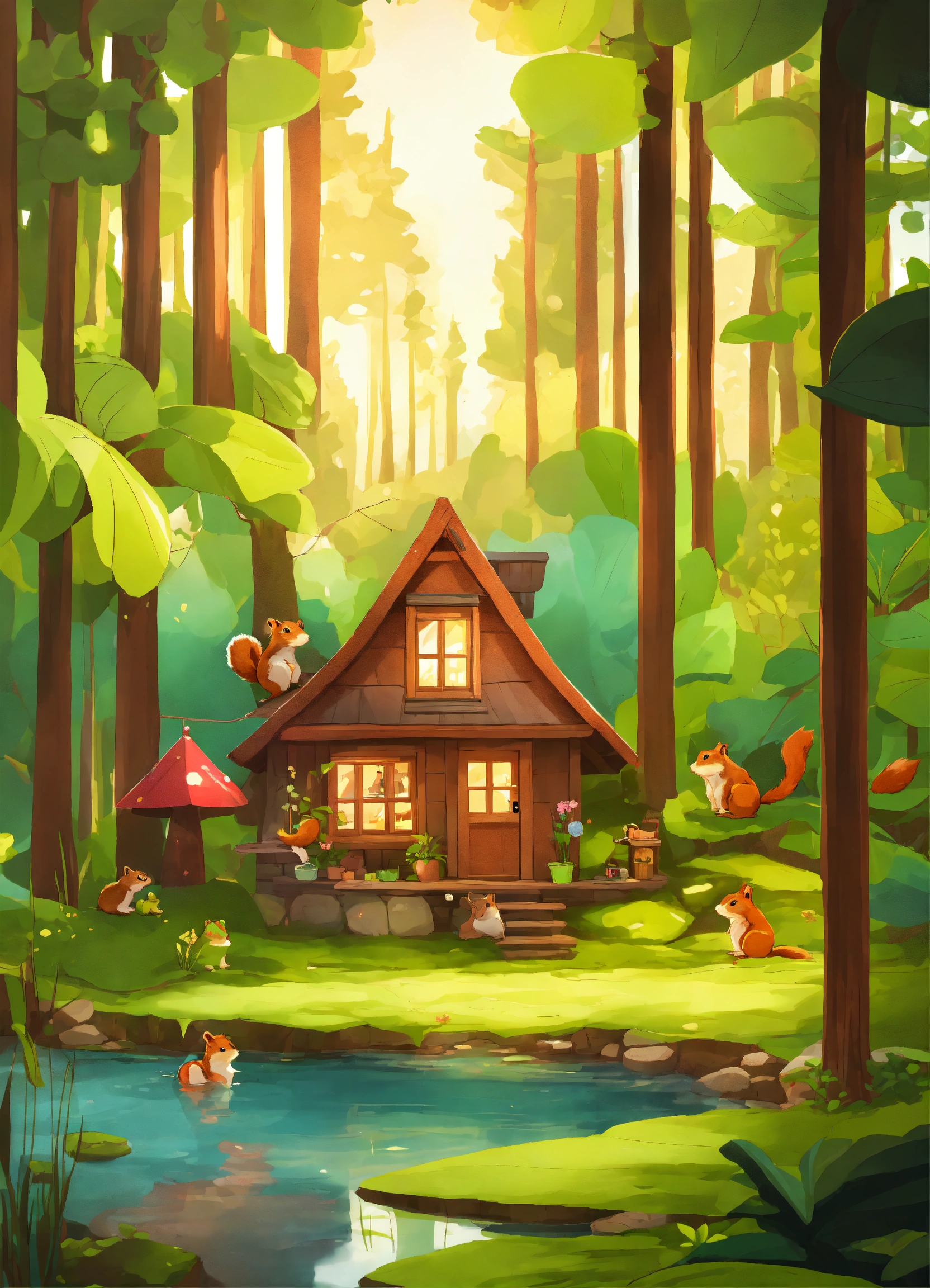 Lexica - Cozy Woodland Hideaway, Cartoon Squirrels & Frogs, Vibrant ...