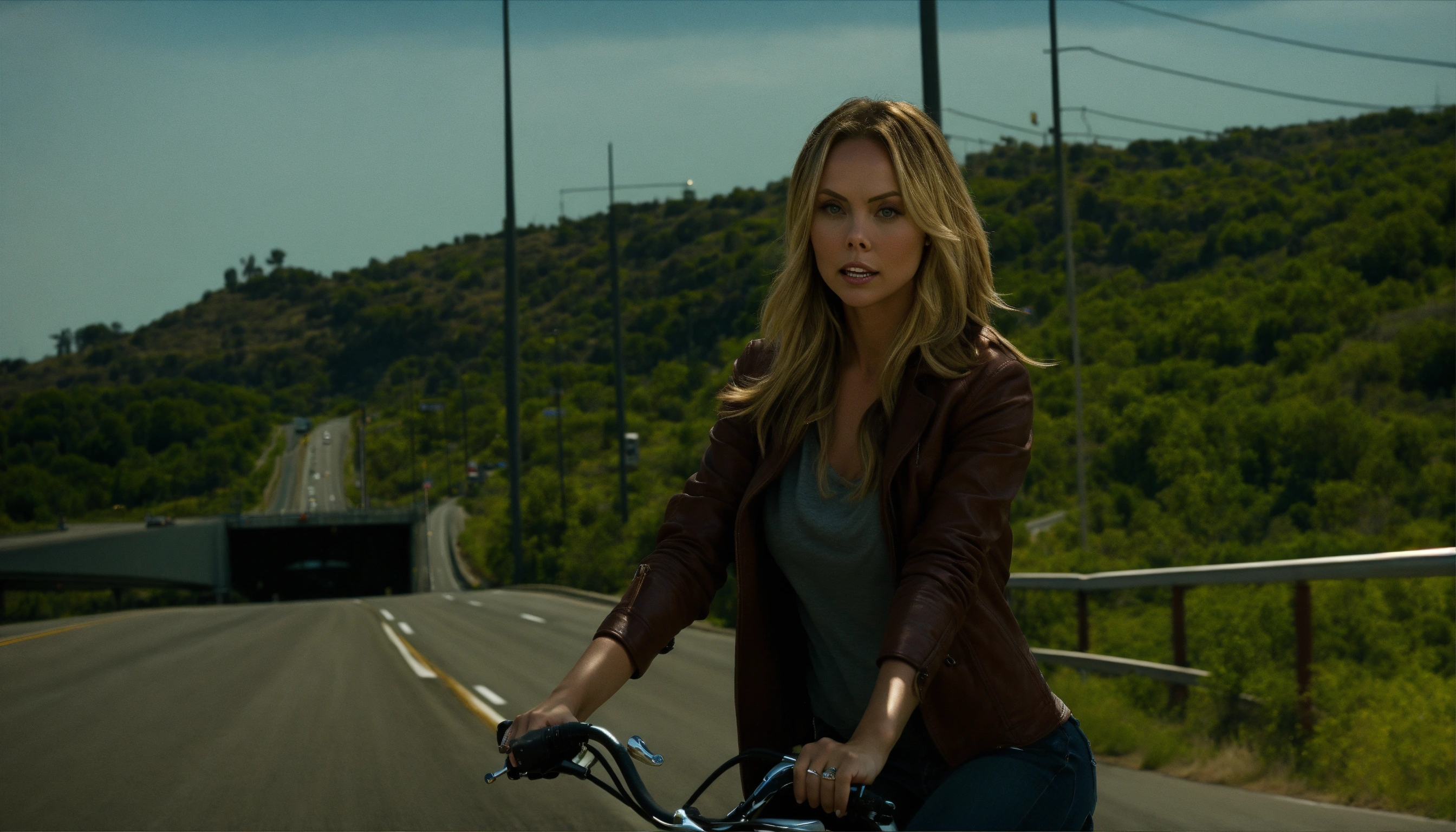 Lexica - Laura Vandervoort, riding on a highway or freeway