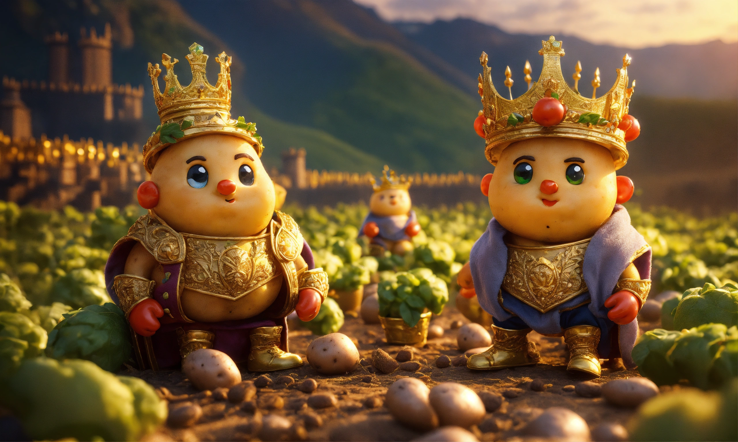Lexica - Tiny potato kings wearing majestic crowns, sitting on thrones ...