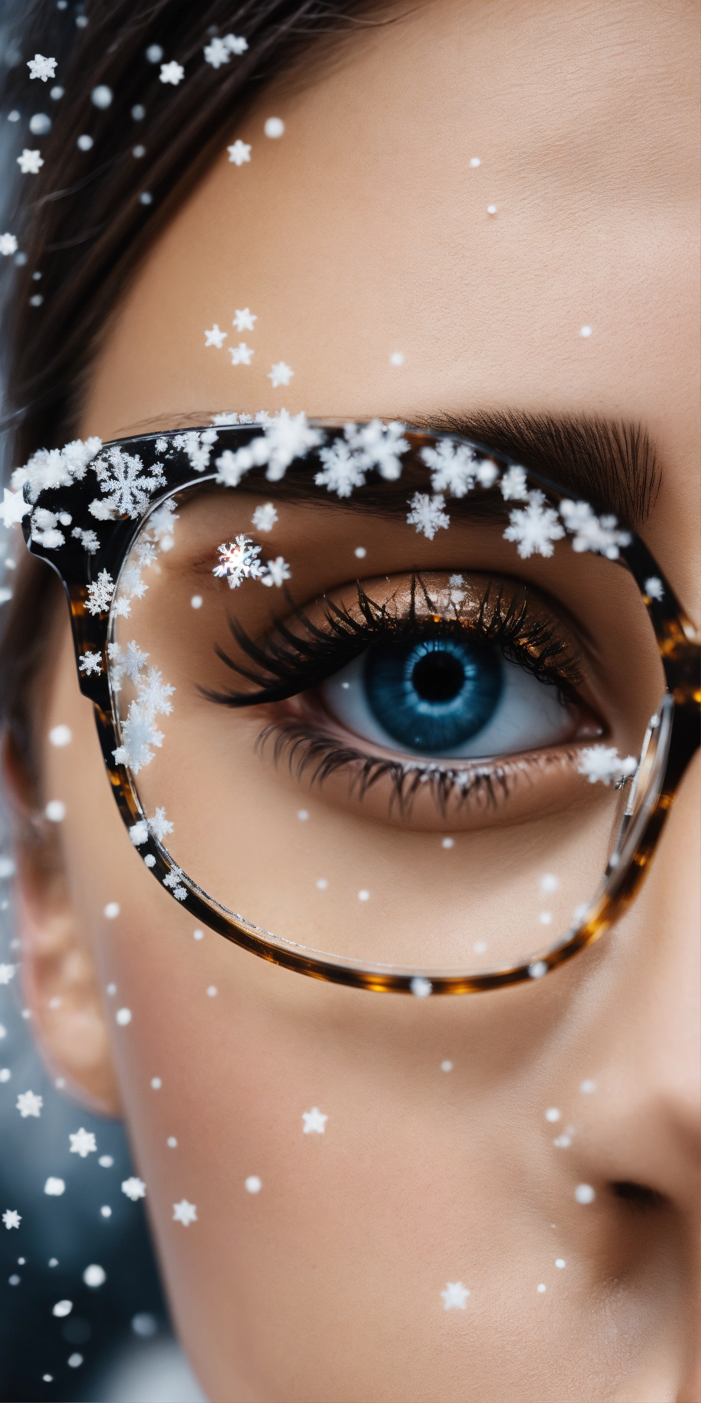 Lexica - Close up of a person wearing glasses snow flakes on nose and ...