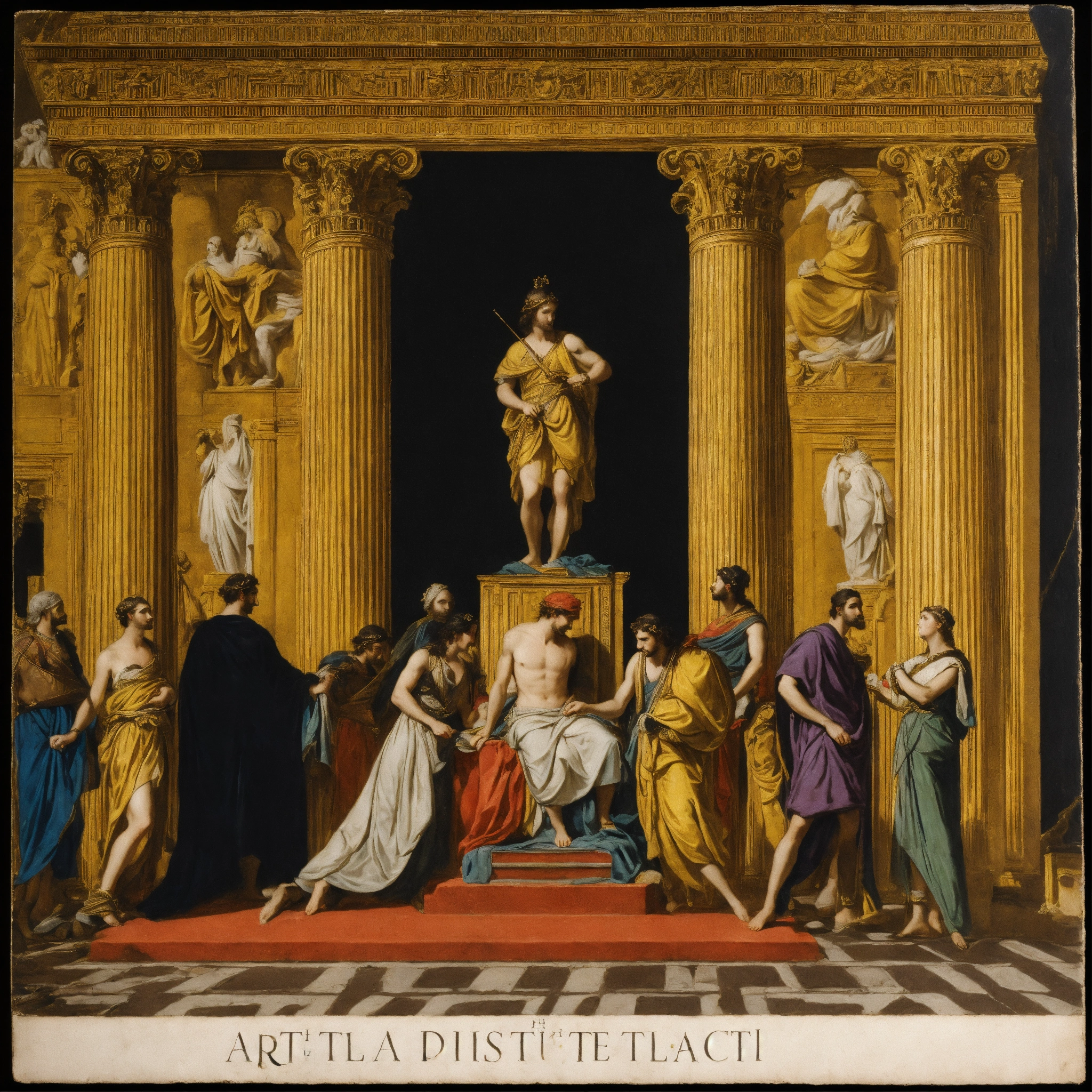 Lexica - Satut doré grec d'aristote athlétique; arrière plan tout noir et sombre; 8K; surréaliste