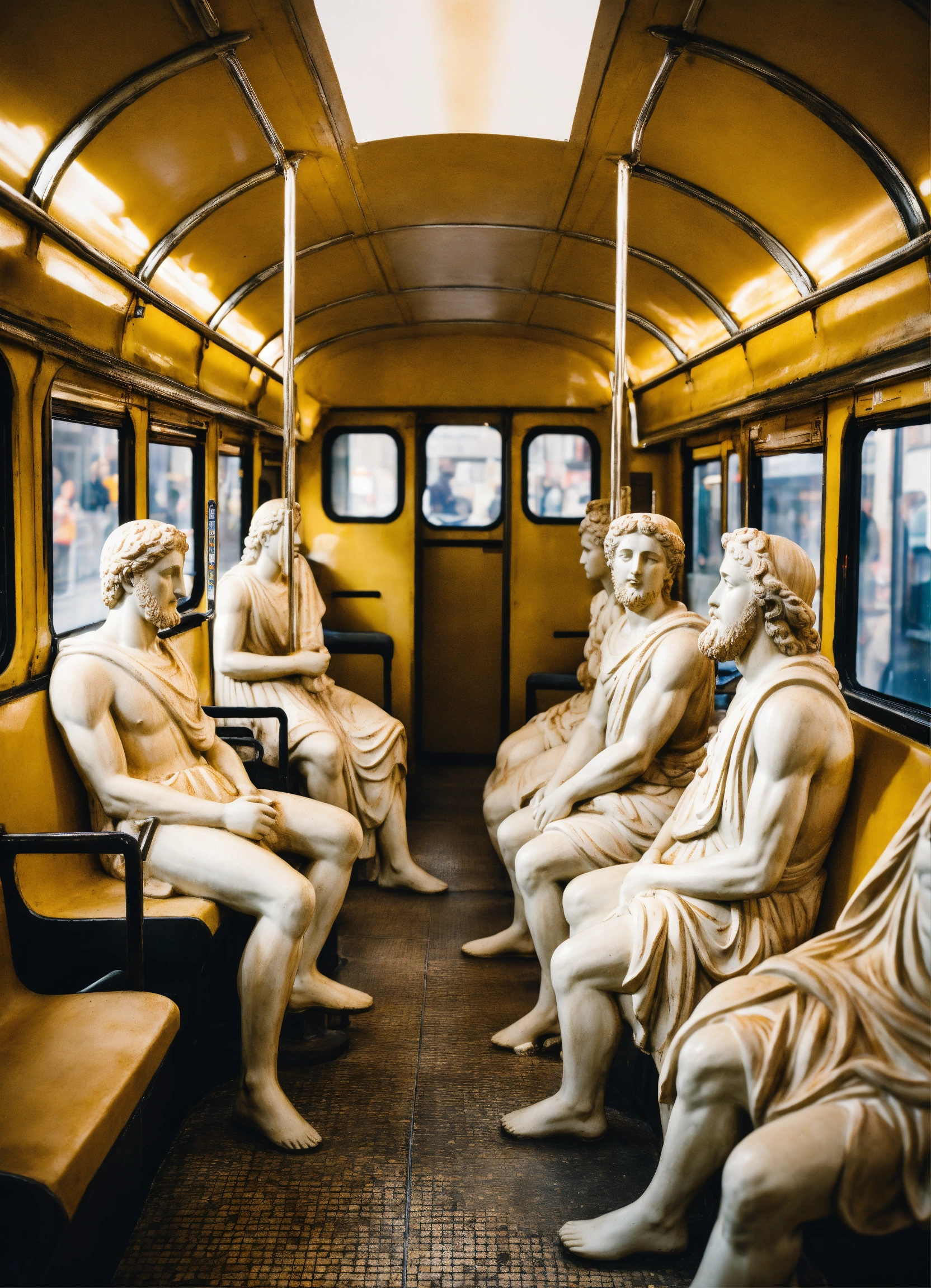 Lexica - Sad white classical (Greek statues) commuting in an old ...