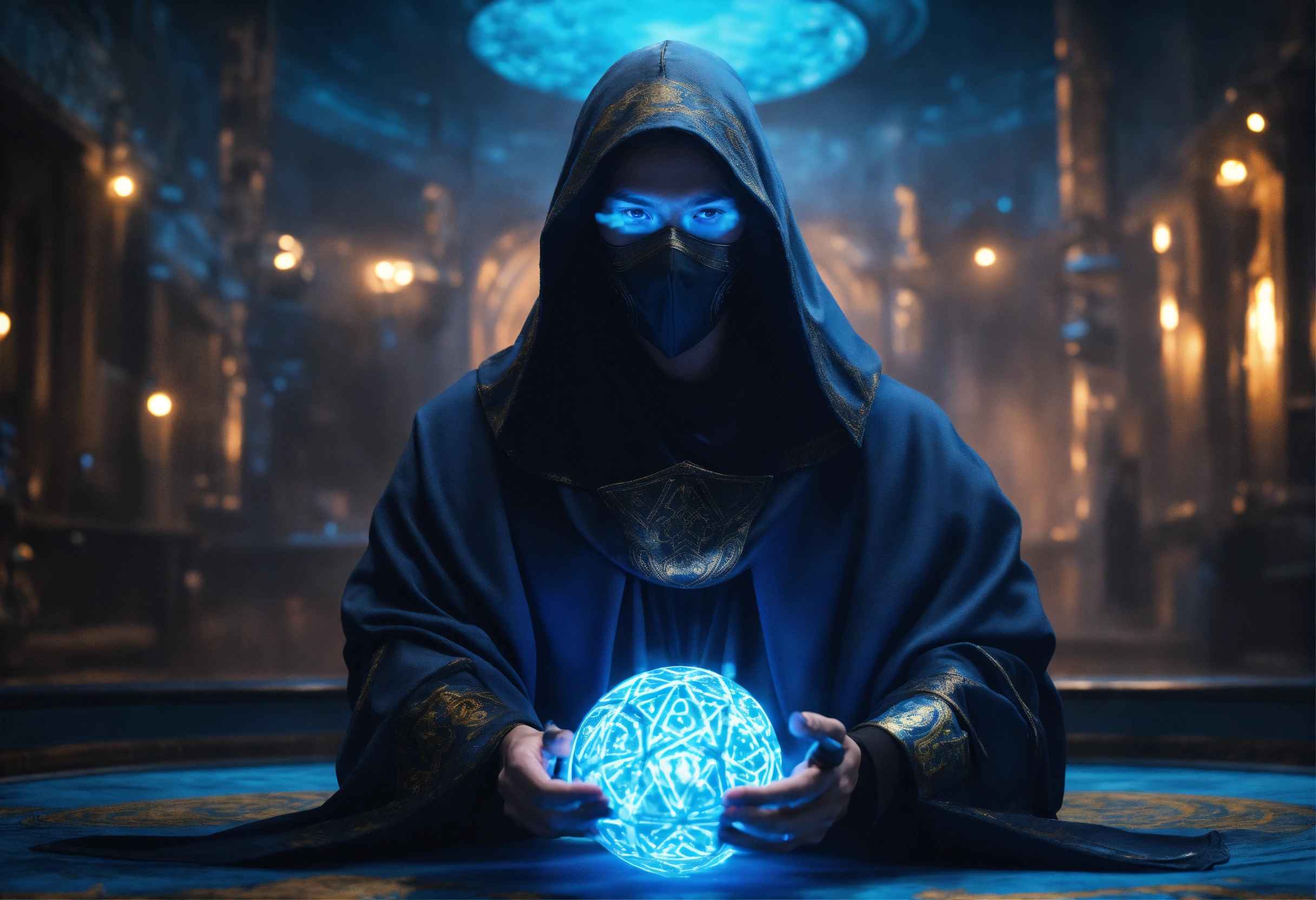 Lexica - A black and blue cloaked half masked sorcerer casting a spell ...