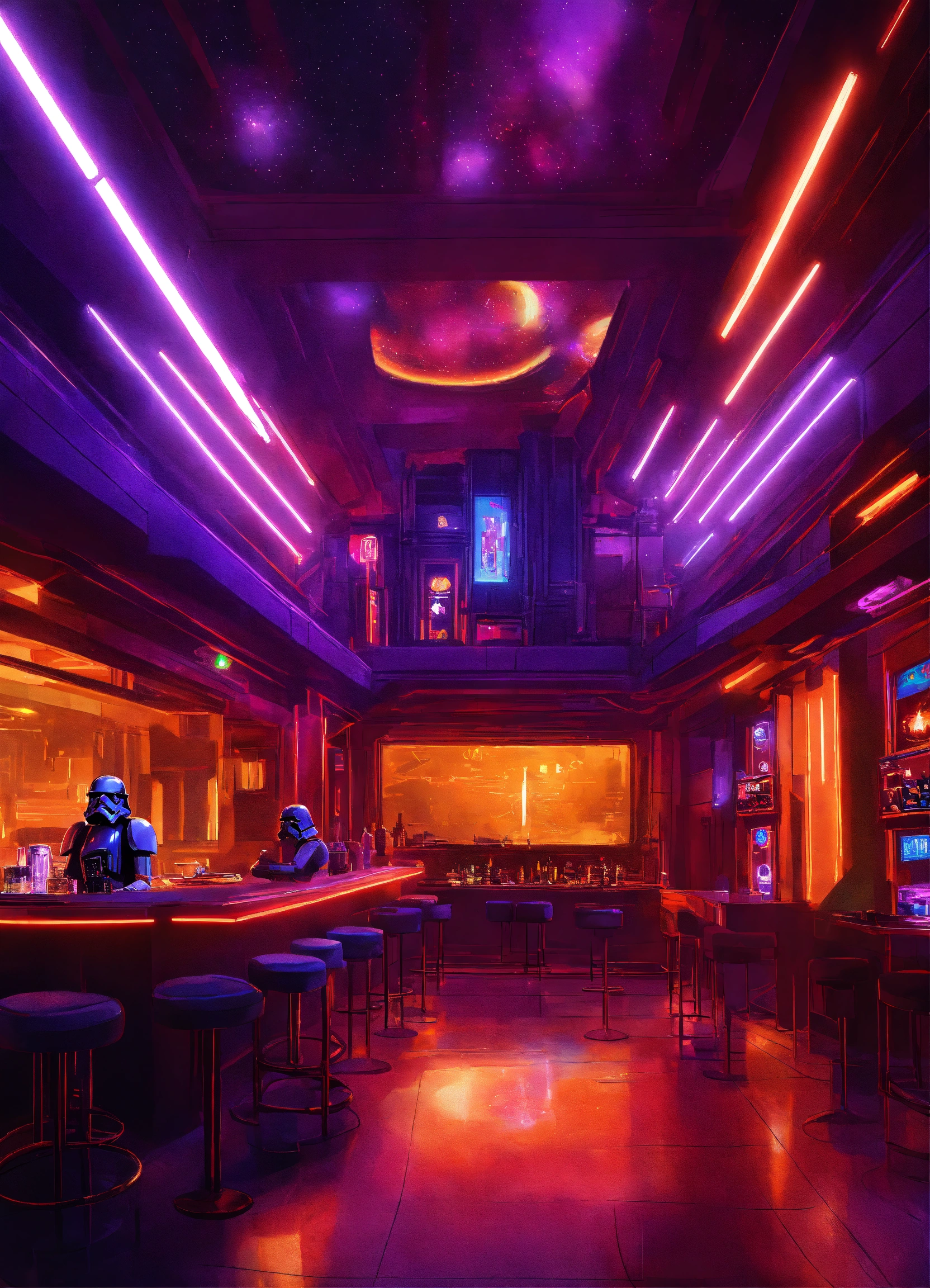 Lexica - Digital art of a Star Wars night club with purple and orange ...