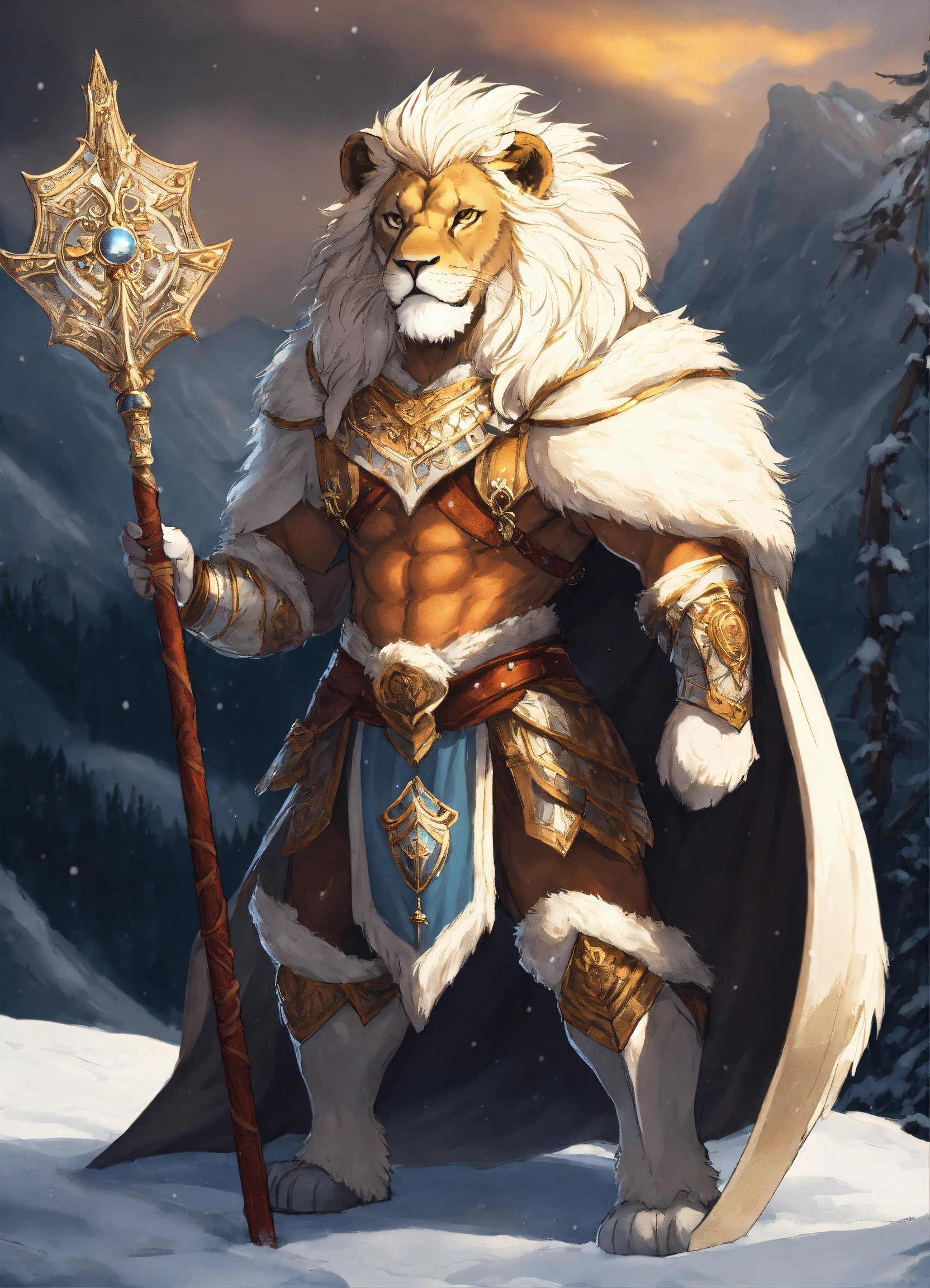Lexica - Anthropomorphic, buff lion with white fur, wearing a heavy ...