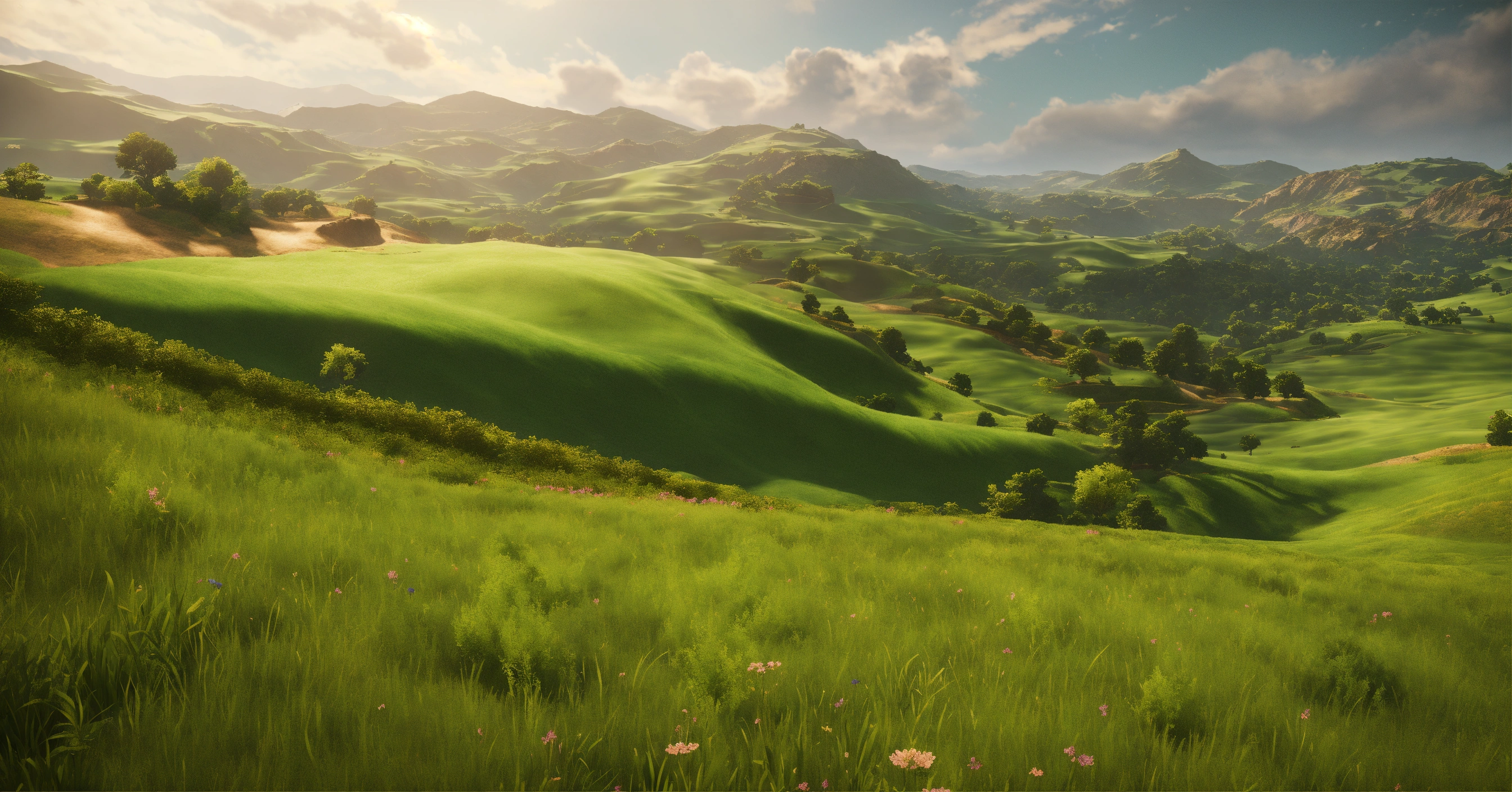 Lexica - Long shot of an epic landscape in summer with green rolling ...