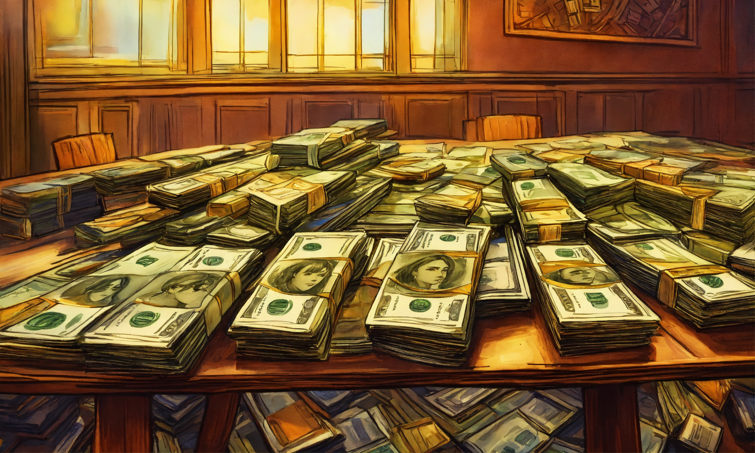Lexica - A hand drawn painting of many stacks of money on a big table ...