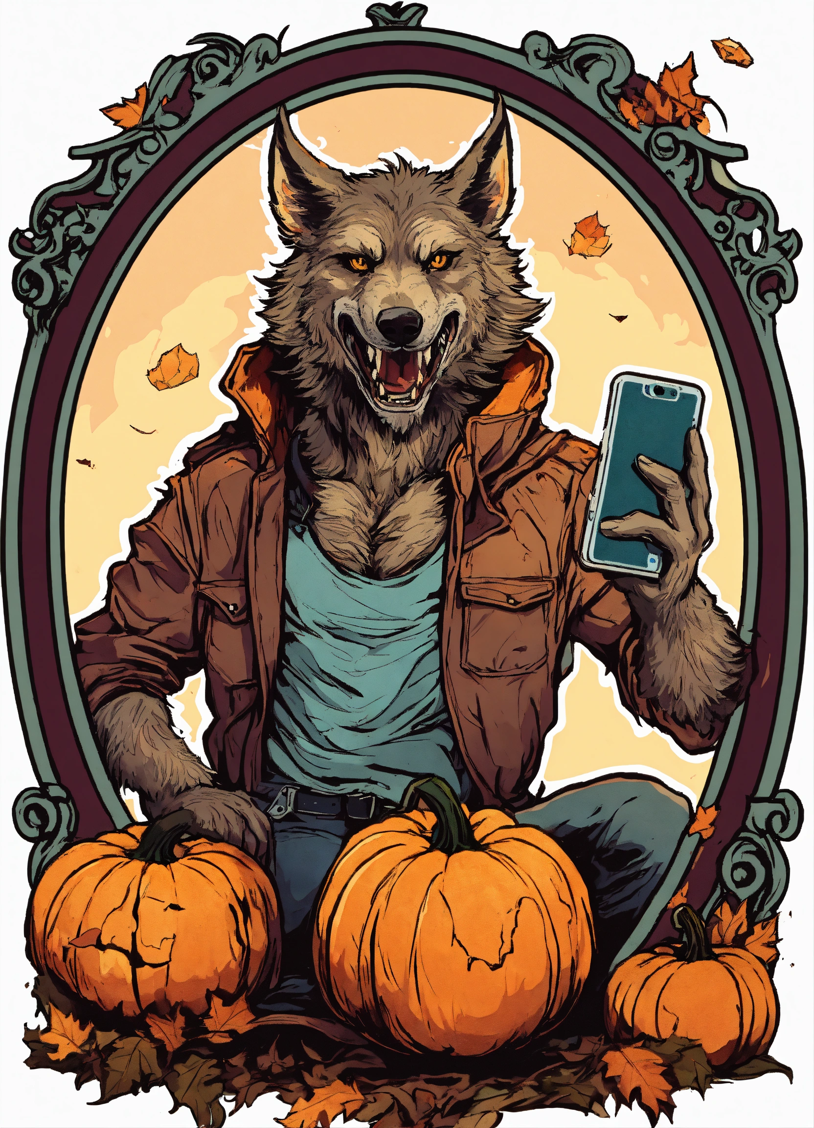 Lexica - OVAL sticker ART, outline art, white background, a werewolf ...