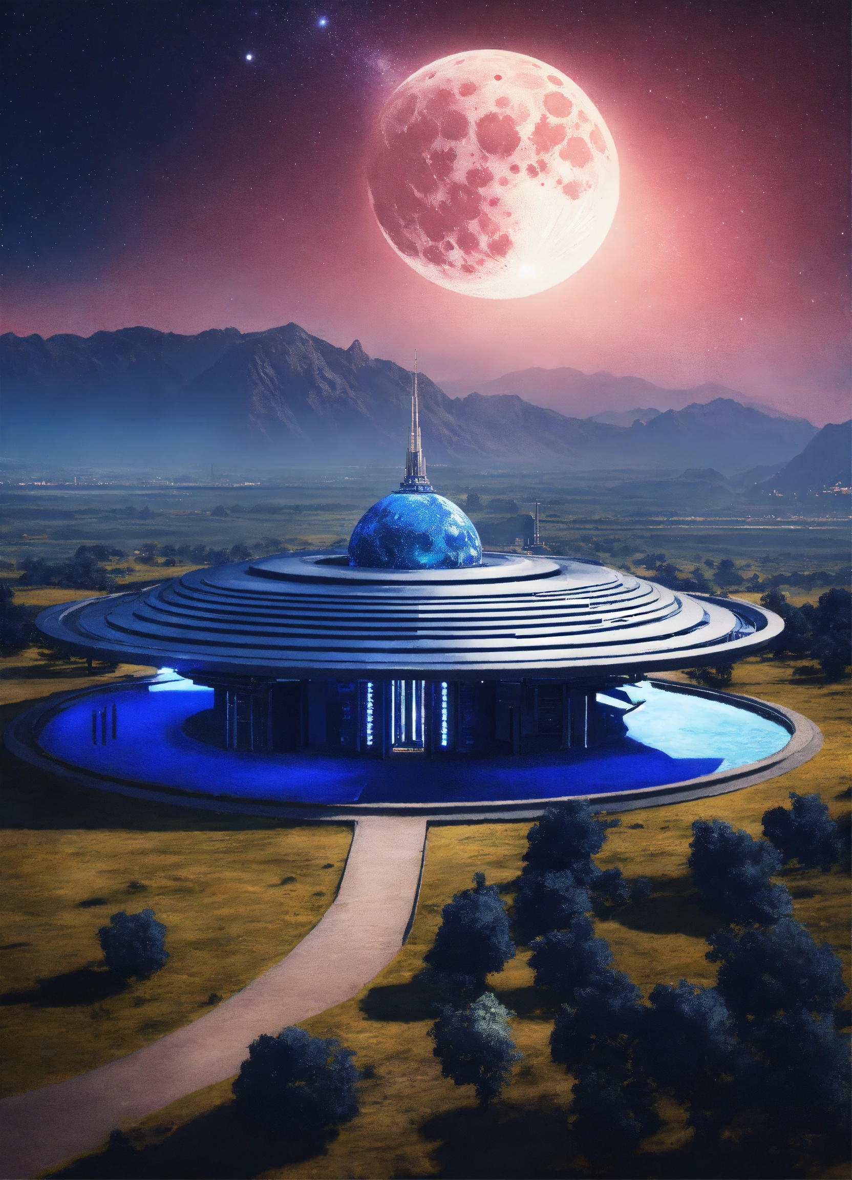 Lexica - A distant view of a large round indigo beautifull temple in ...