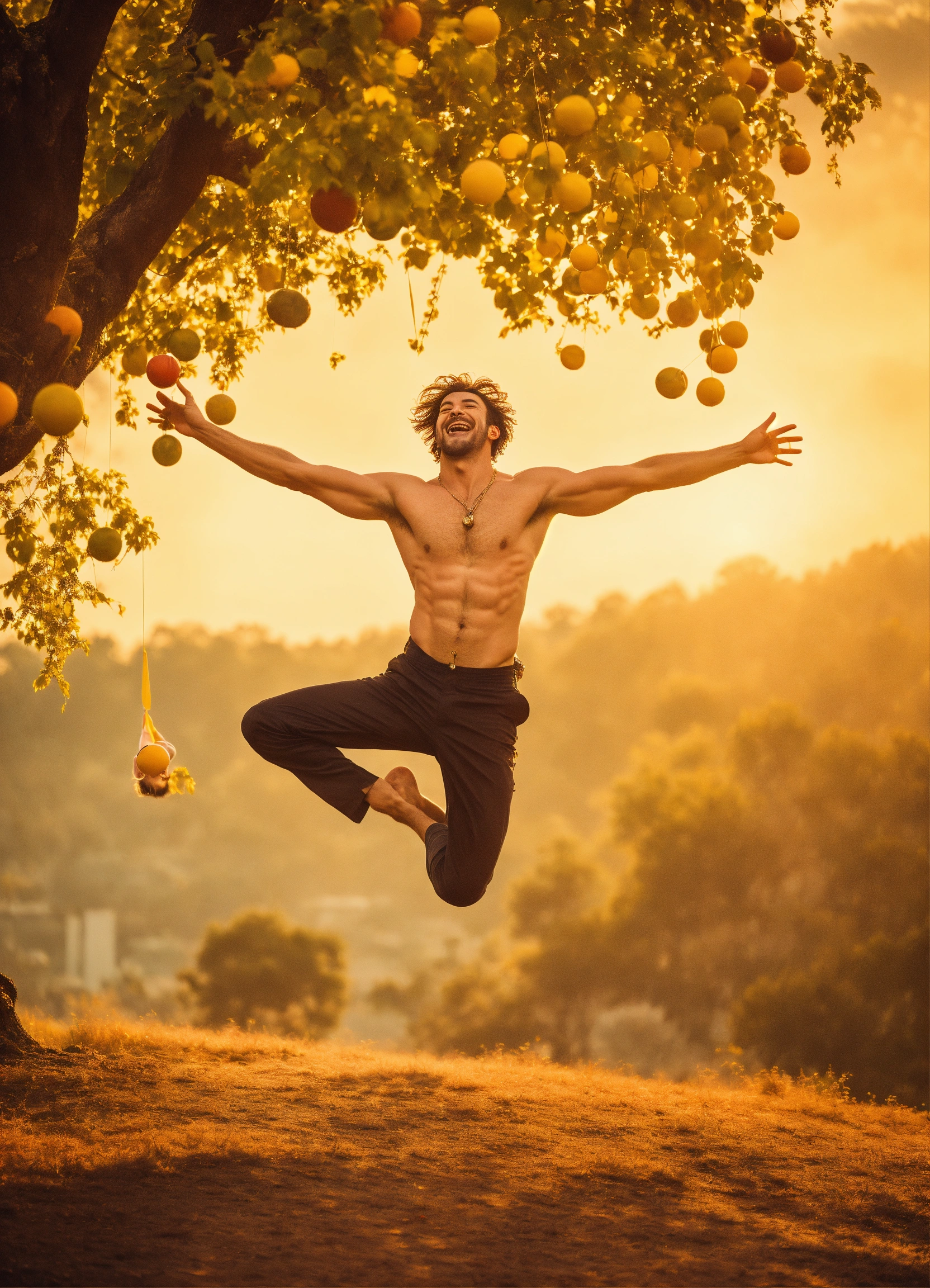 Lexica - "Create an image depicting a joyful man full of life, juggling ...