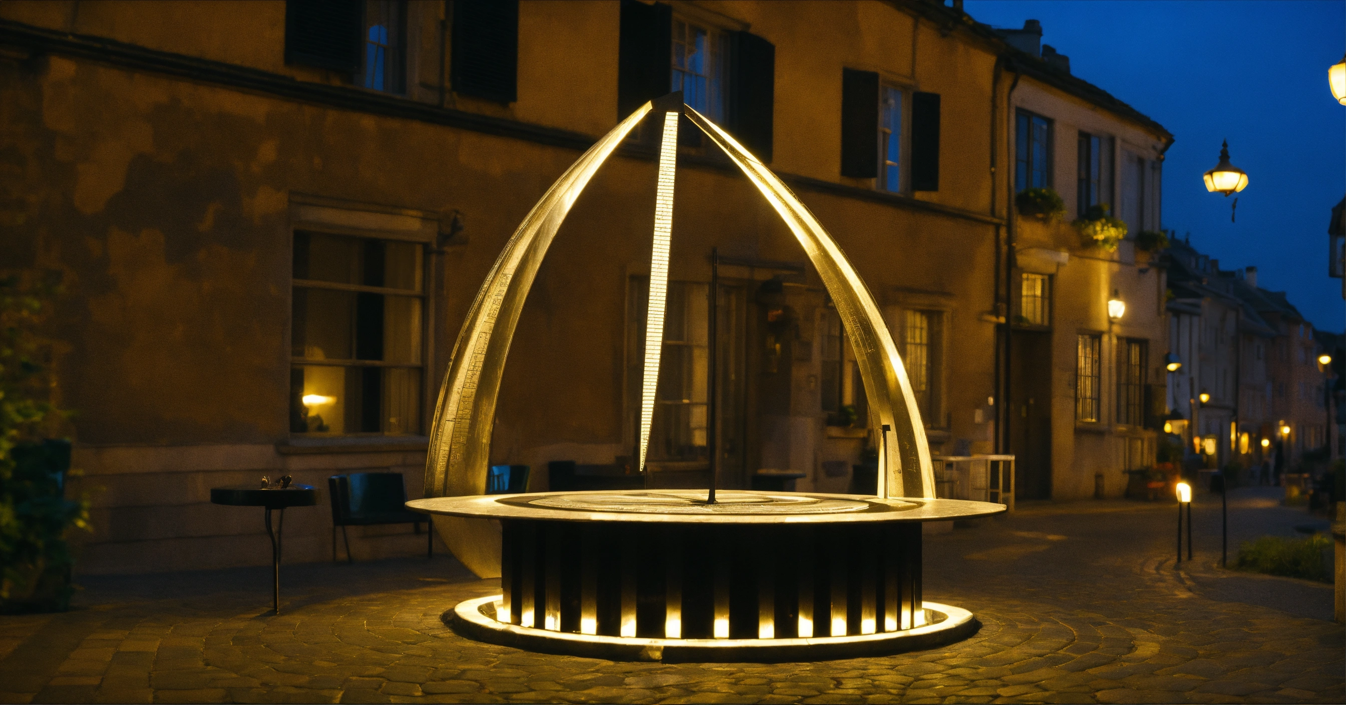 Lexica - Futuristic sundial on a cobble street, restaurant in ...