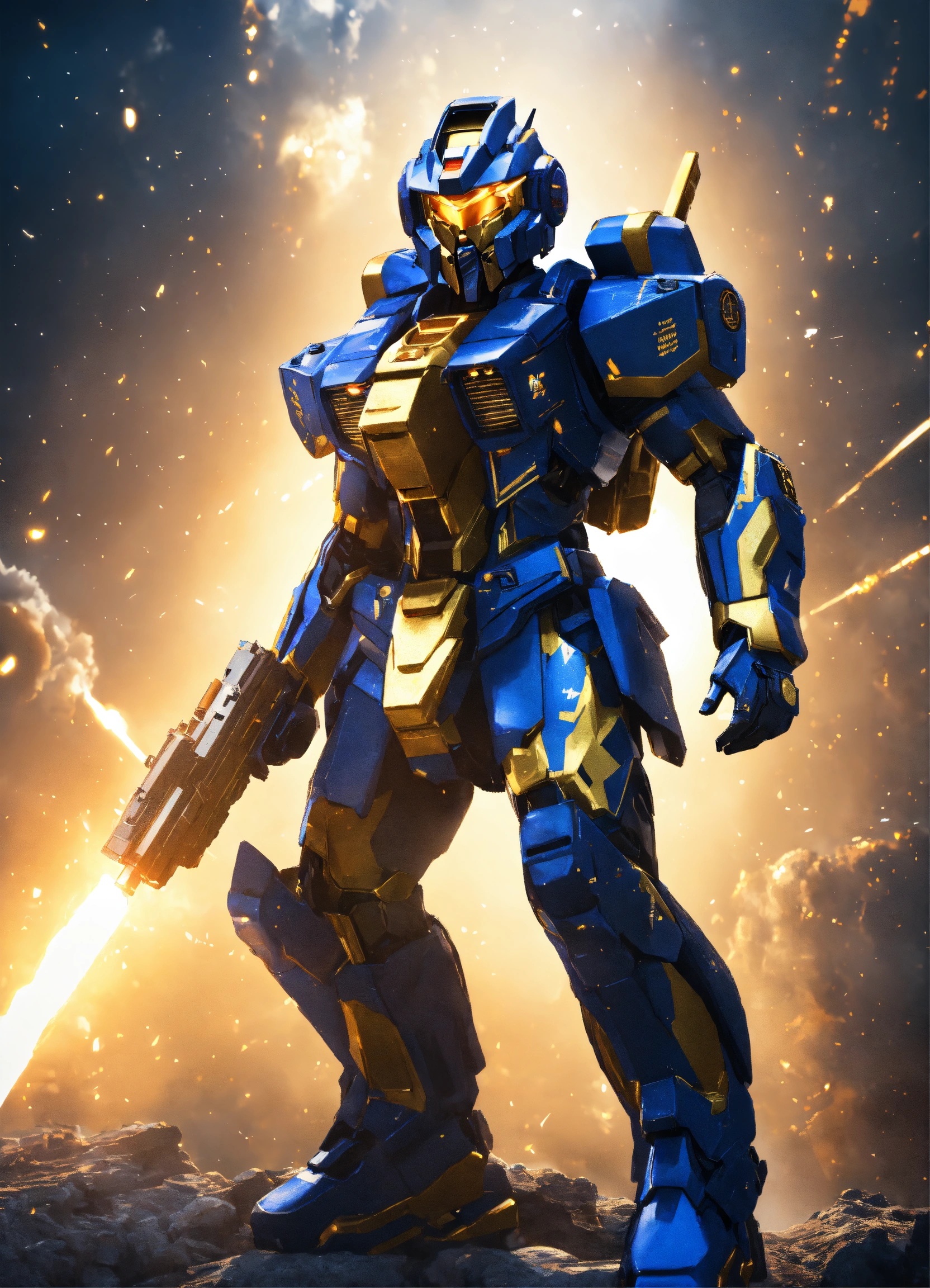 Lexica - Digital rendering of a soldier wearing a dark blue and gold ...