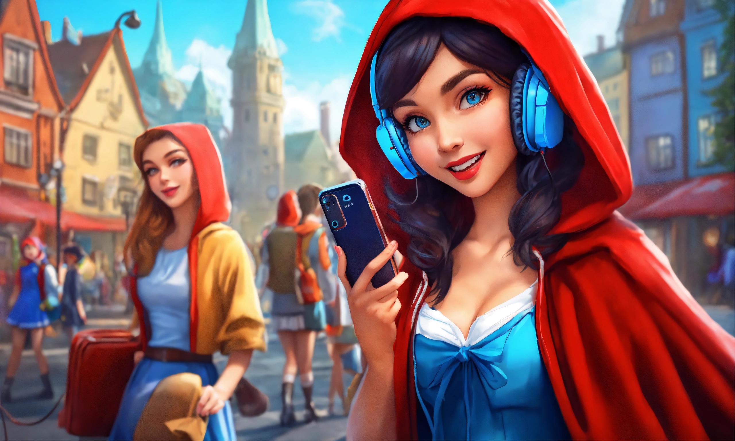 Lexica - Cartoons happy modern Red Riding Hood, taking selfie with ...