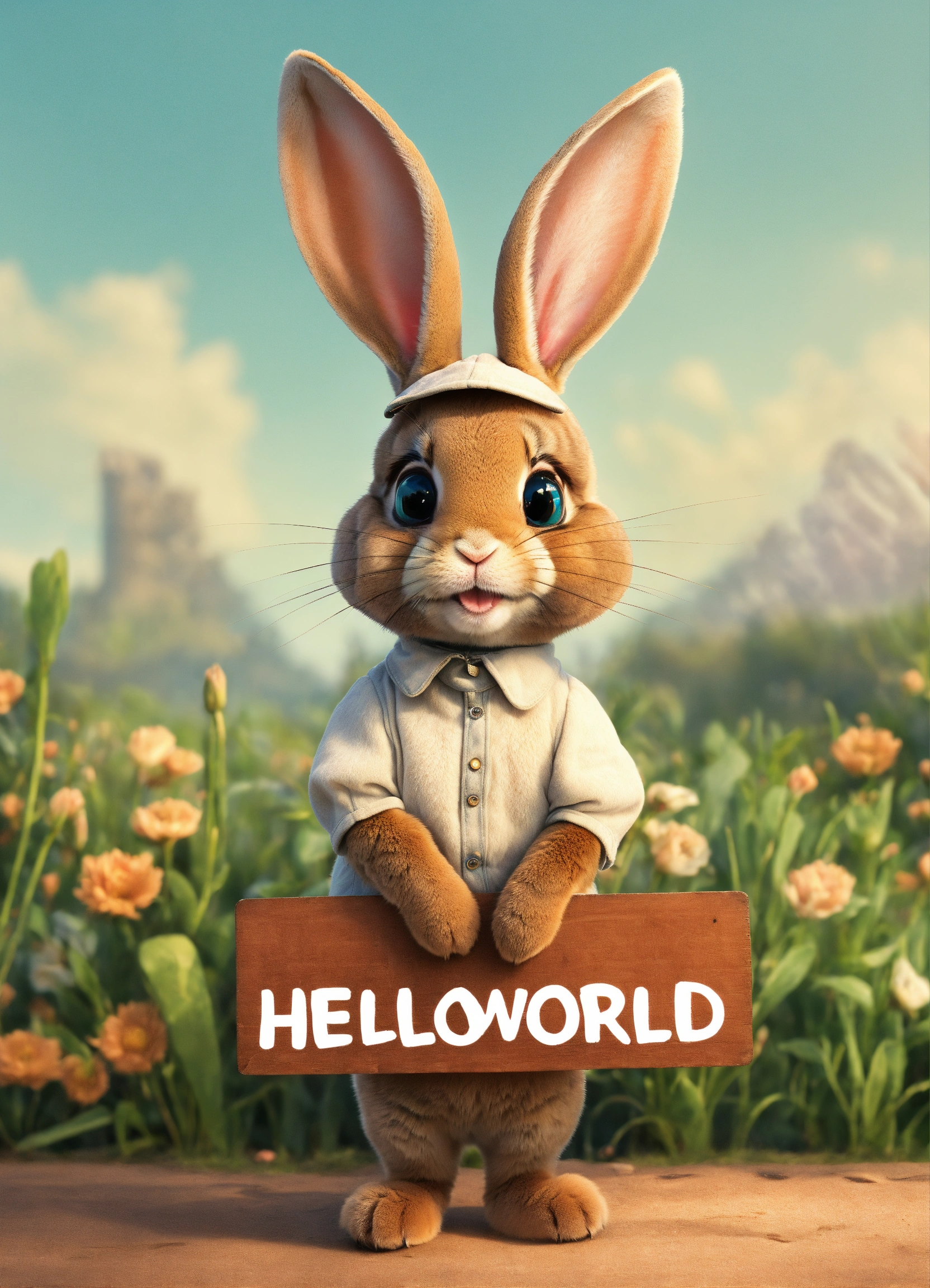 Lexica - A cute rabbit holding a sign that says "Hello World"